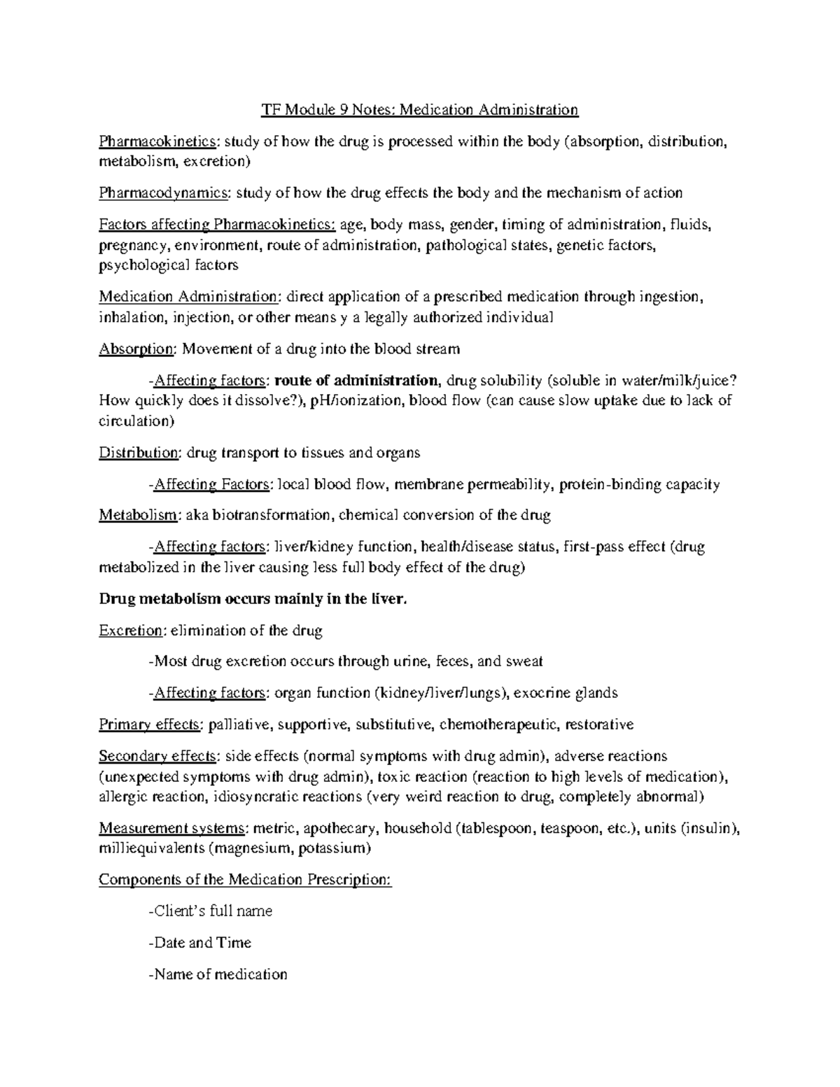 Theoretical Foundations Module 9 Lecture Notes Tf Module 9 Notes Medication Administration