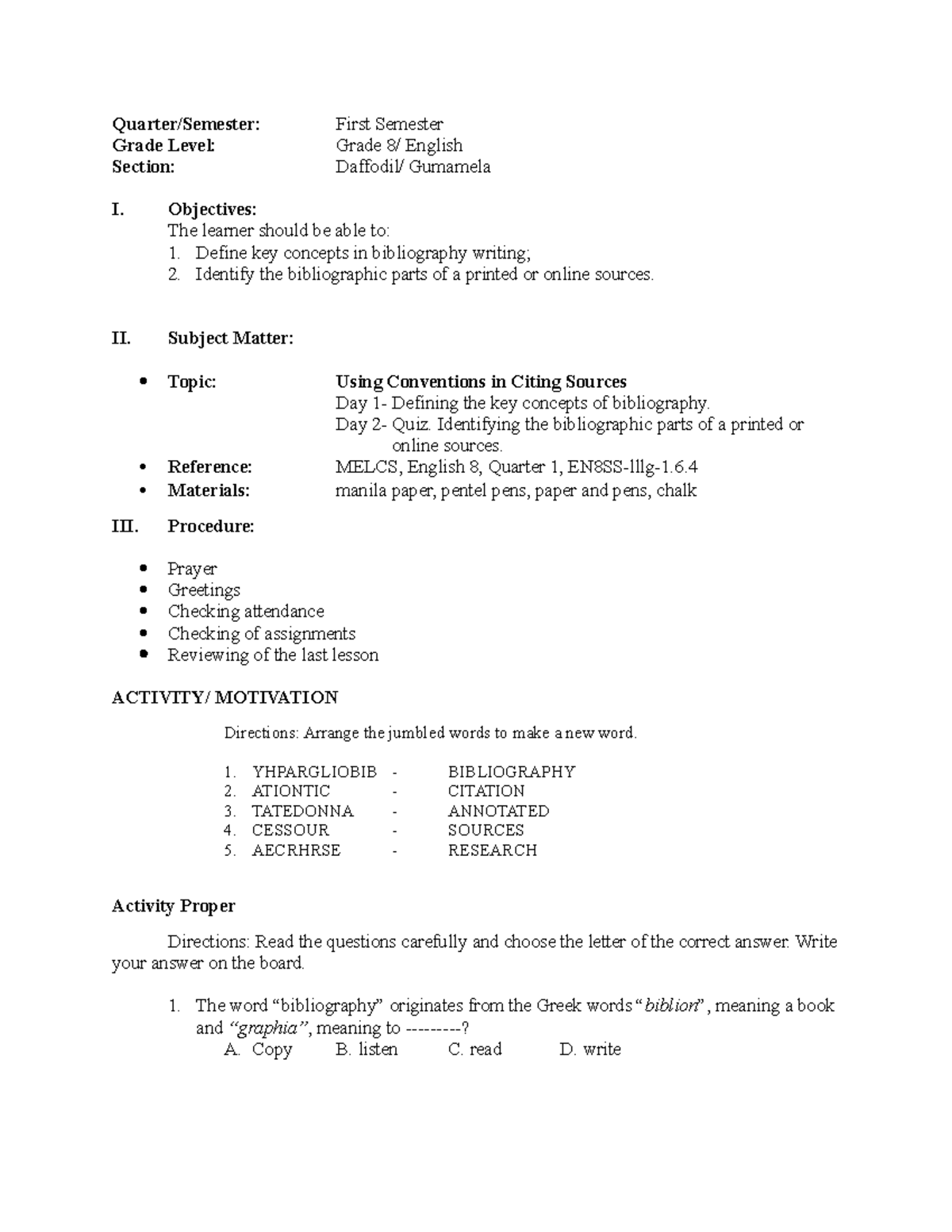English 8 - Quarter/Semester: First Semester Grade Level: Grade 8 ...