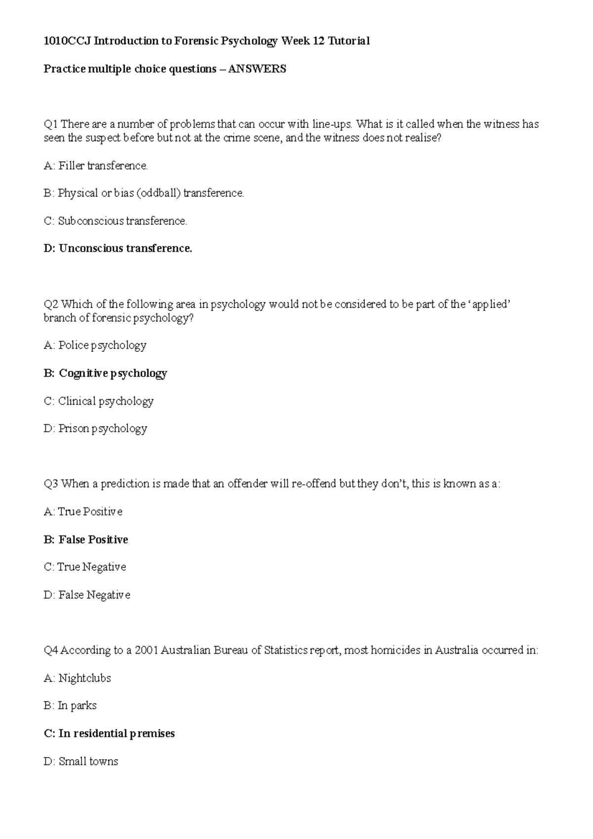 Wk 12 tutorial Answers sheets - 1010CCJ Introduction to Forensic Psychology Week 12 Tutorial ...