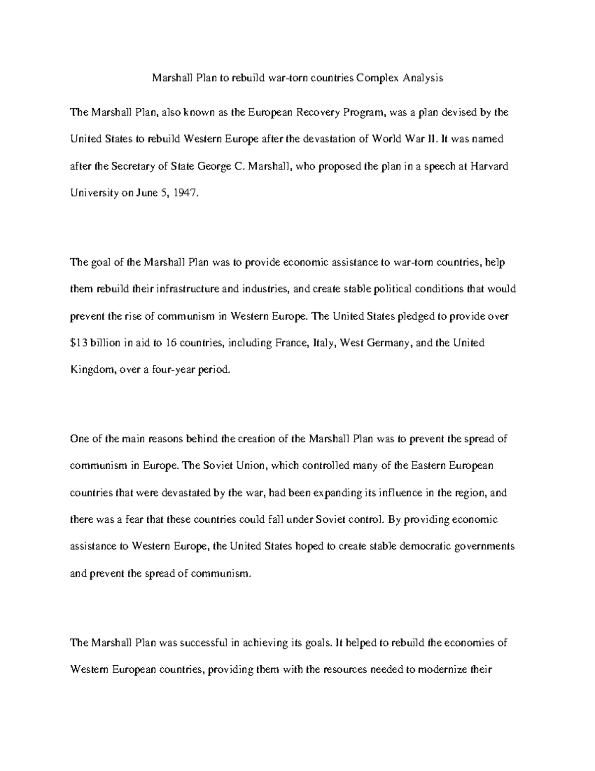 Marshall Plan to rebuild war-torn countries Complex Analysis - It was ...