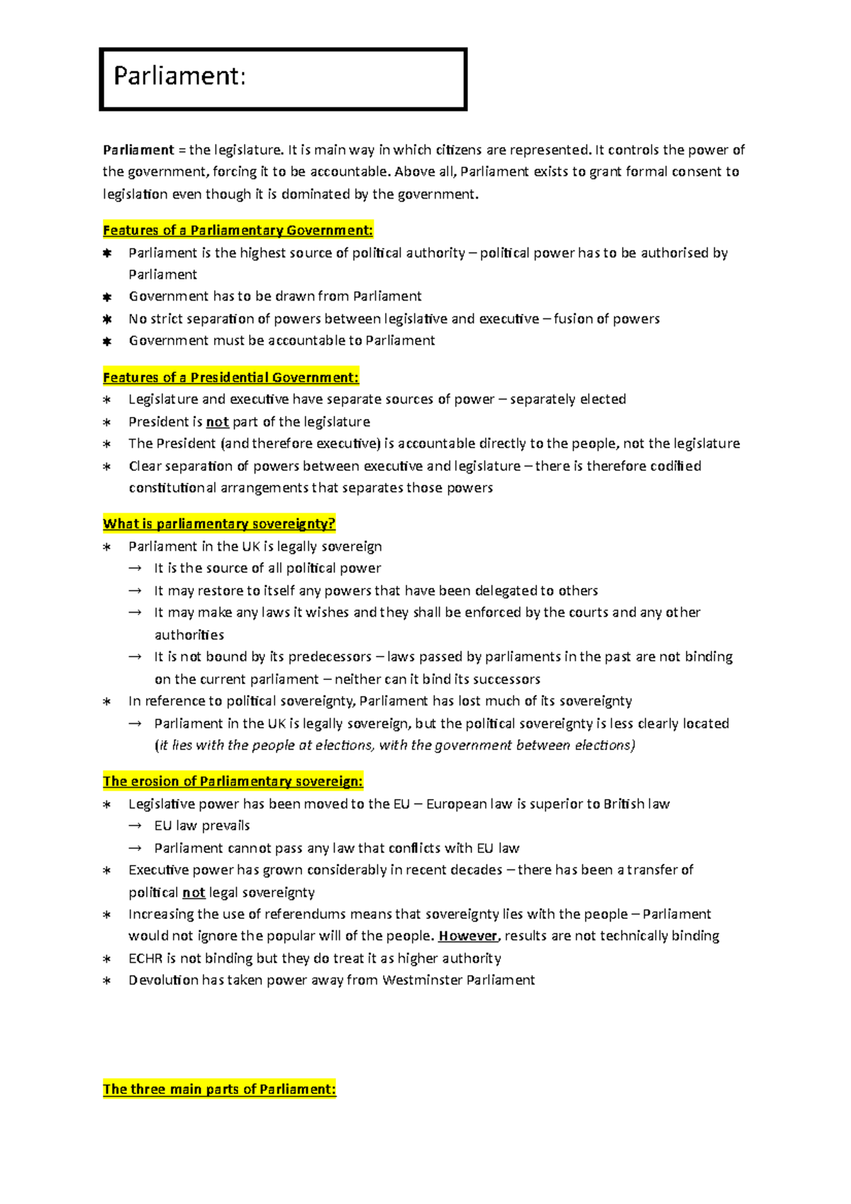 Parliament - docs - Parliament = the legislature. It is main way in ...