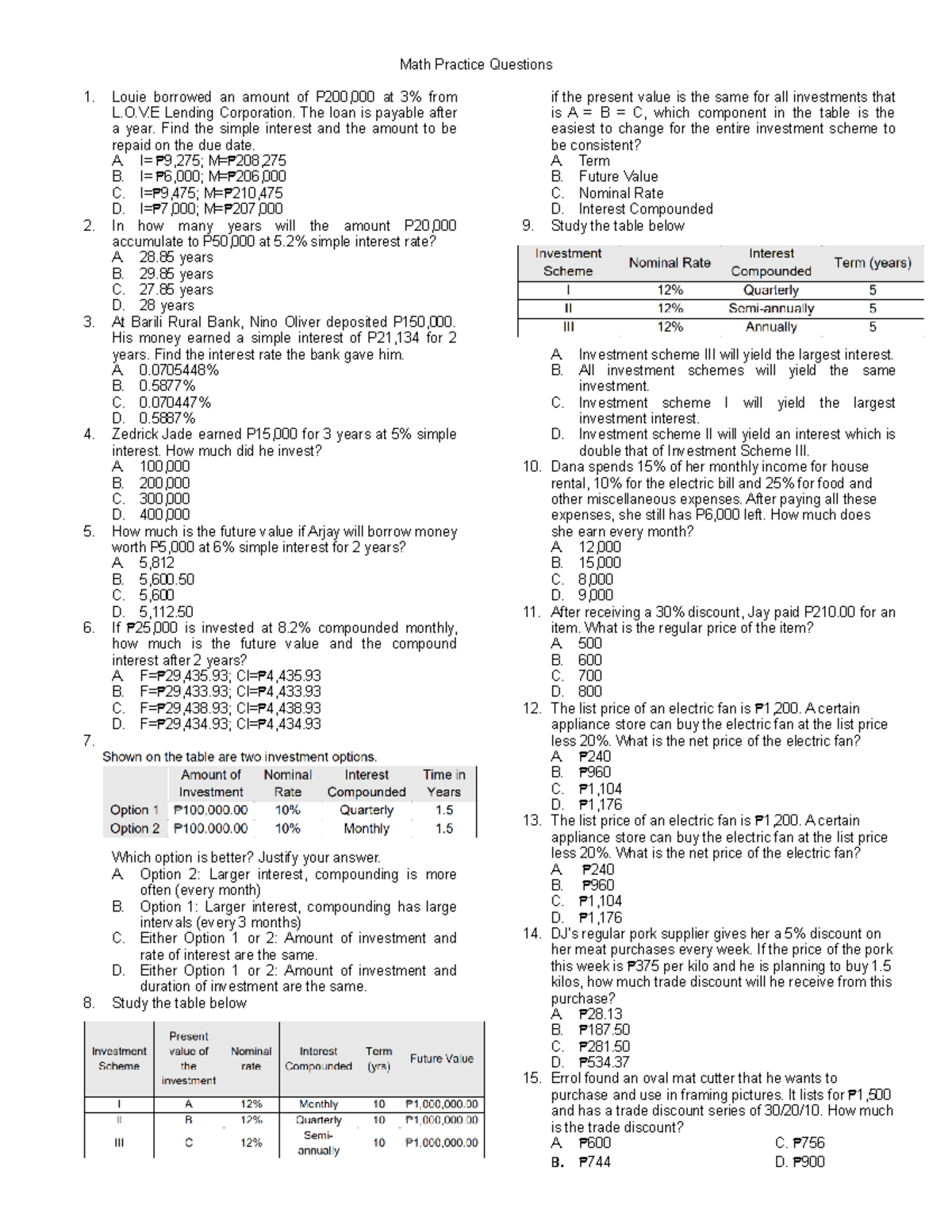 Math Practice Questions - Math Practice Questions Louie borrowed an ...