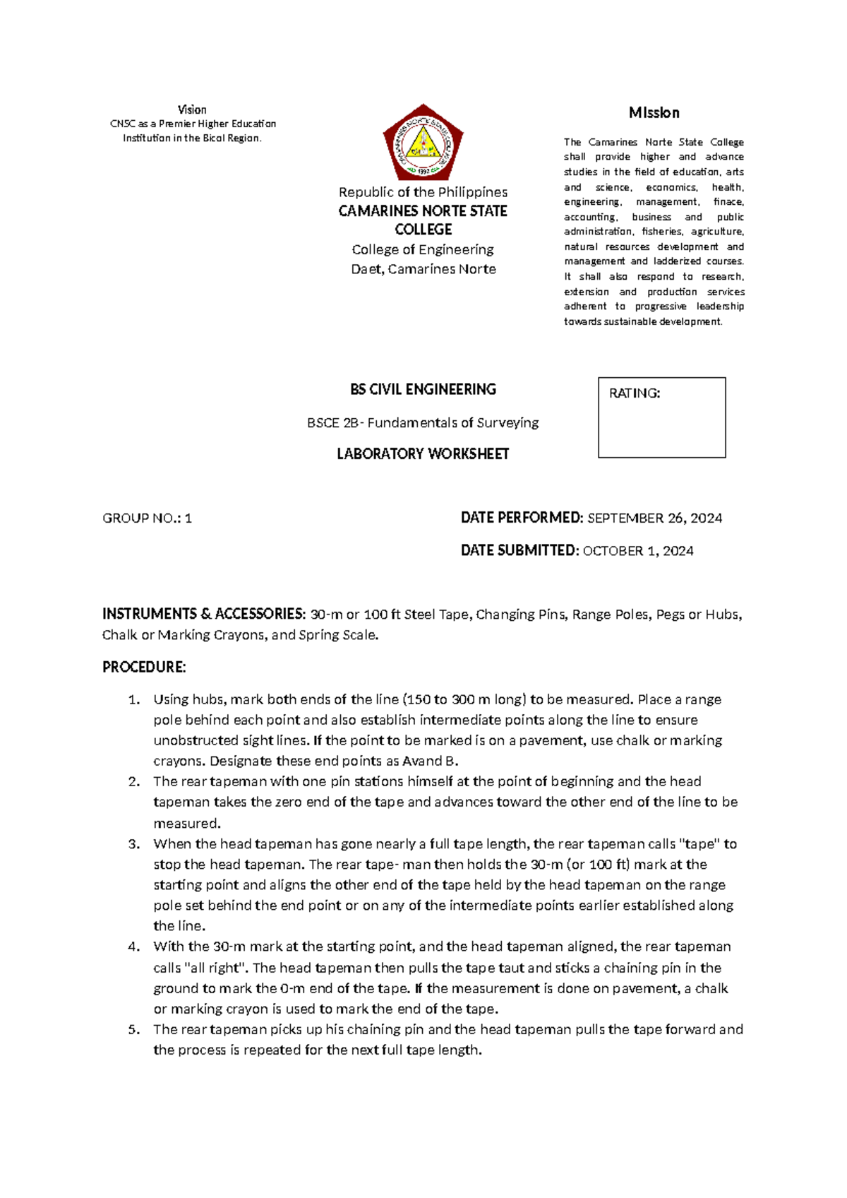 Surveying-LAB- Exercise-2 - Vision CNSC as a Premier Higher Education ...