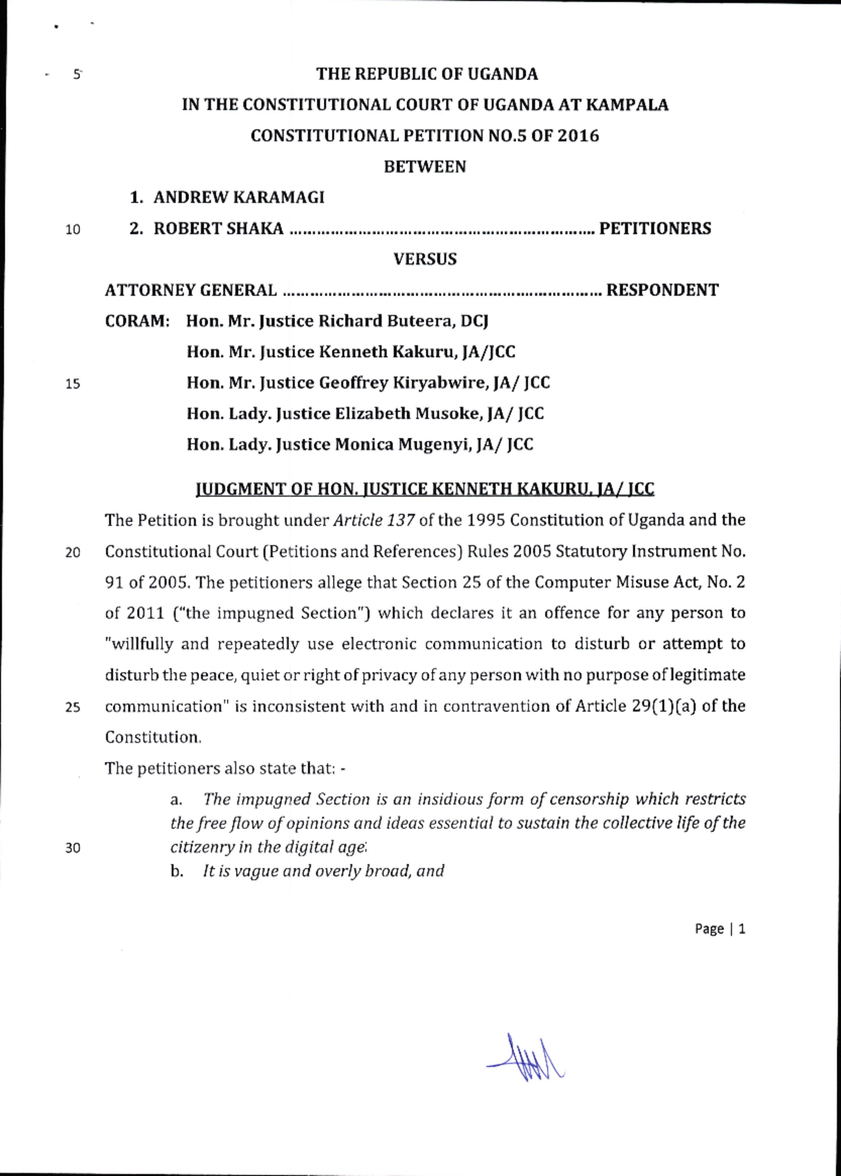 Andrew Karamagi - Judgement on free speech - 15 t THE REPUBLIC OF ...
