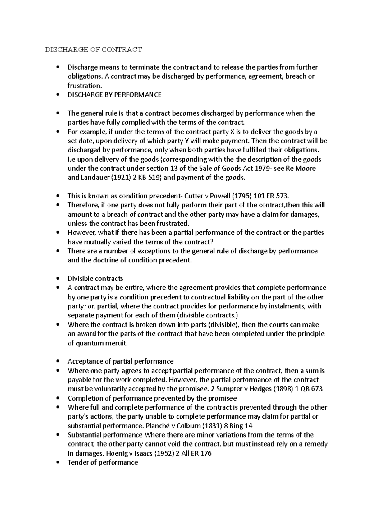 Discharge OF Contract - DISCHARGE OF CONTRACT Discharge means to ...
