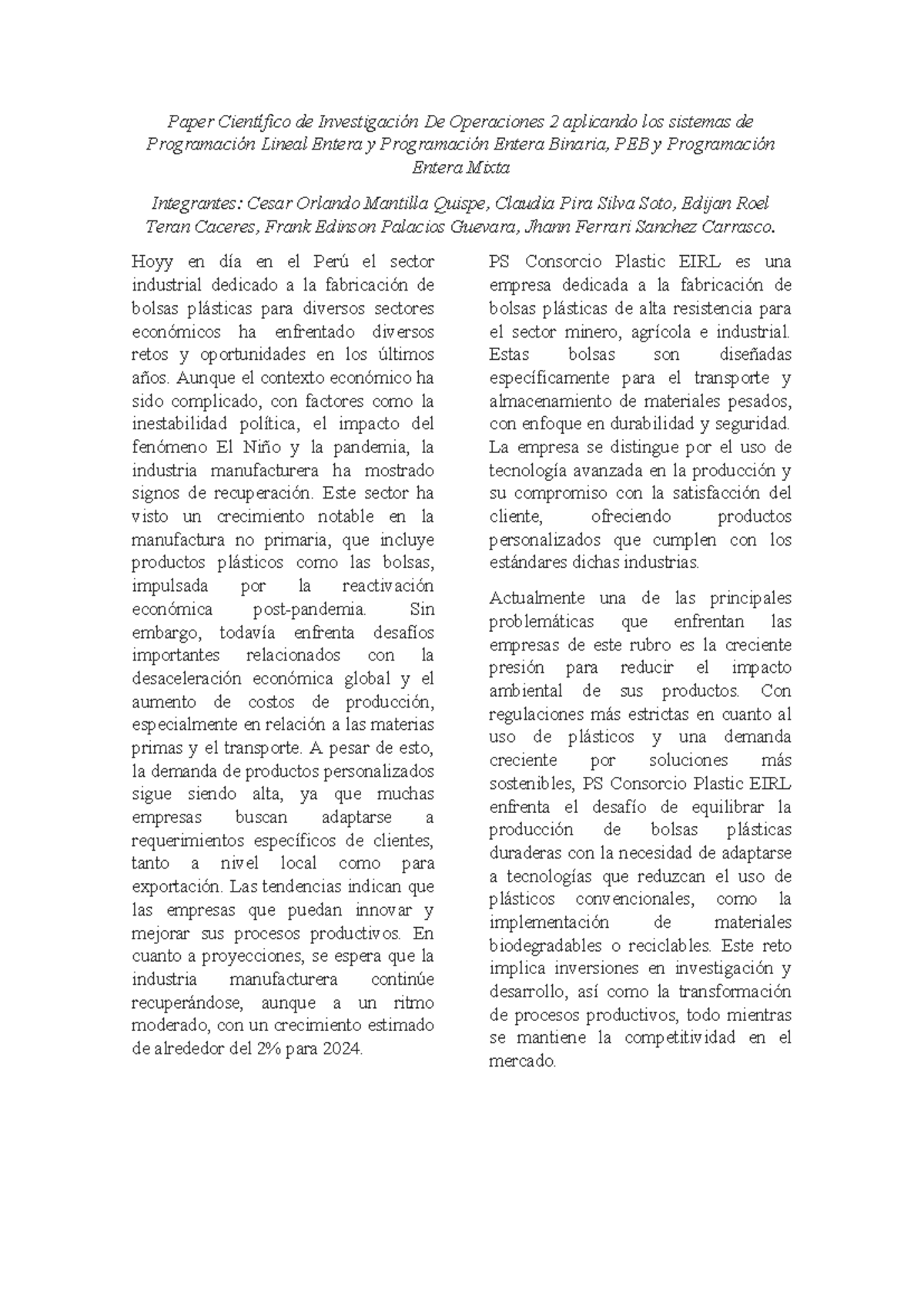 Avance Invope 2 - T1 - Paper Científico de Investigación De Operaciones 2 aplicando los sistemas ...