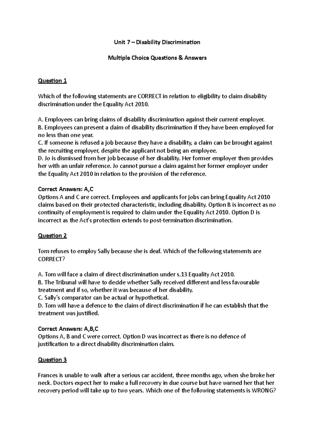 Disability Discrimination MCQ's - Unit 7 – Disability Discrimination ...