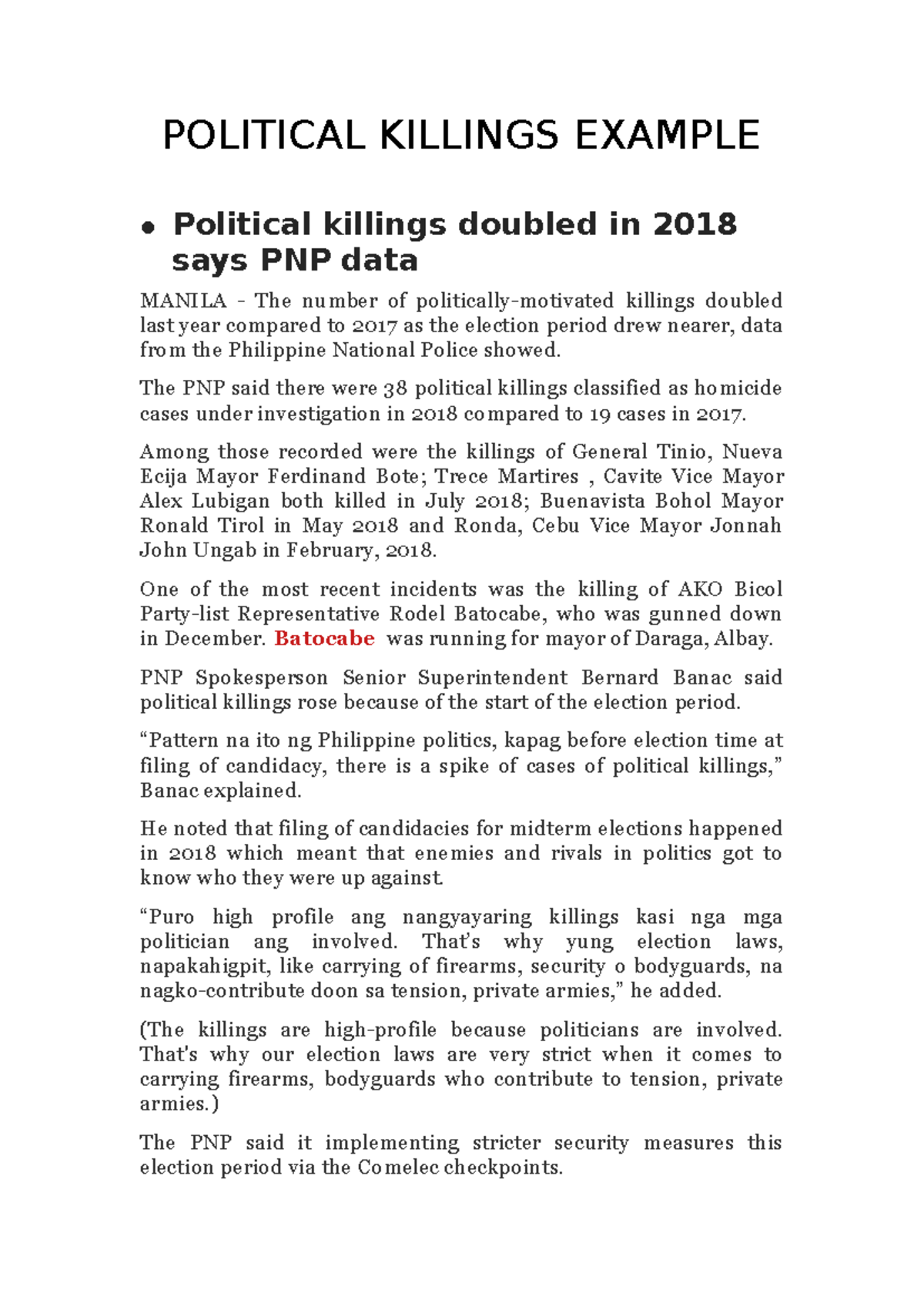 Political Killings Example - POLITICAL KILLINGS EXAMPLE Political ...