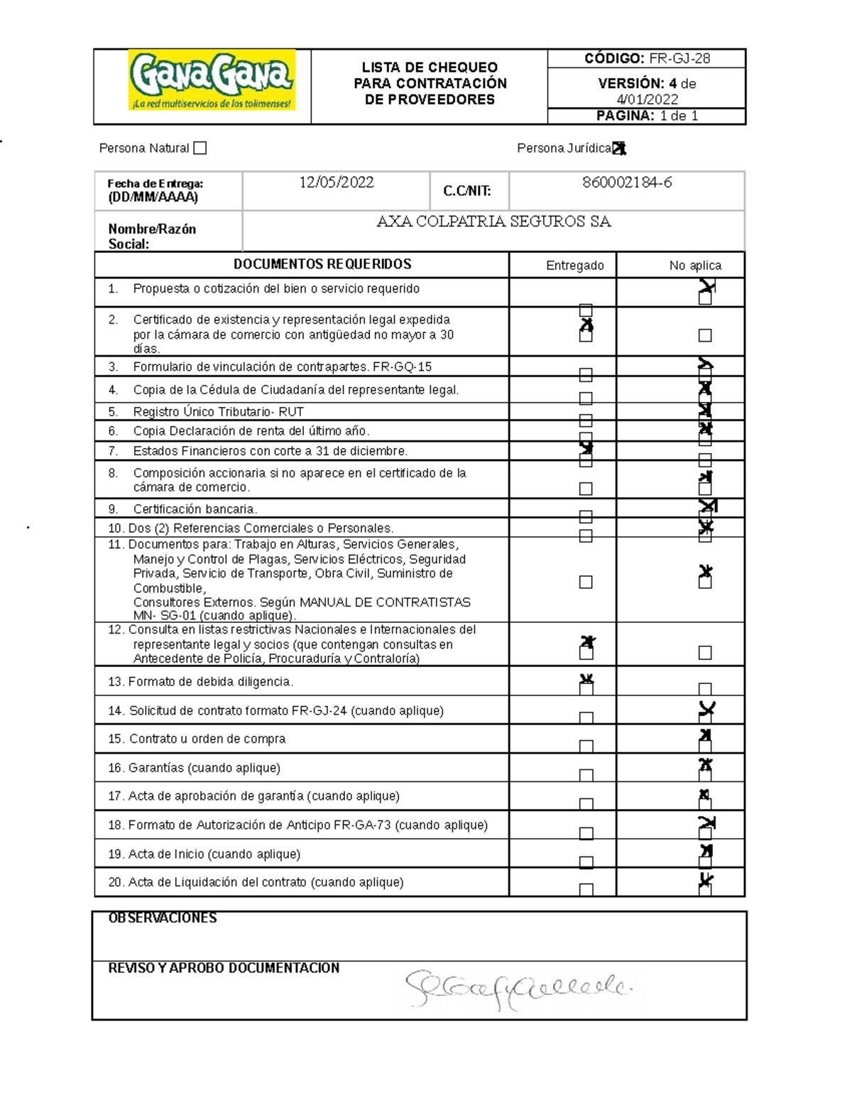 Lista DE Chequeo FR-GJ-28 Ejemplo - LISTA DE CHEQUEO PARA CONTRATACIÓN ...