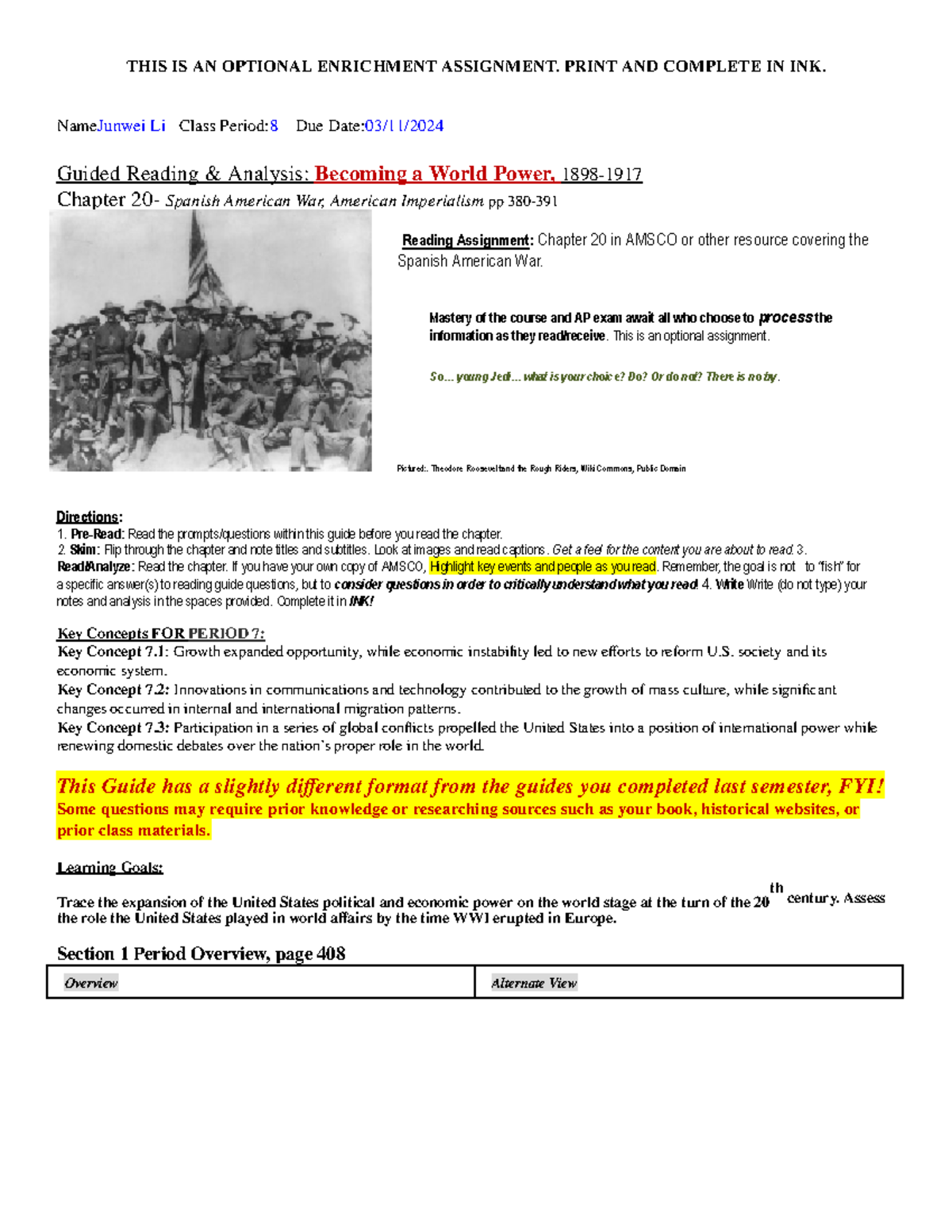 Jun Wei Li - Amsco Chapter 20 Reading Guide - THIS IS AN OPTIONAL ...