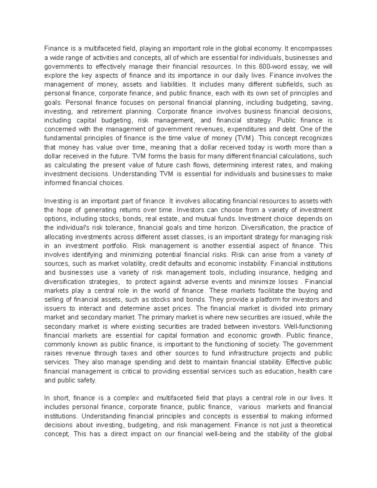 Finance draft two - Finance is a multifaceted field, playing an ...