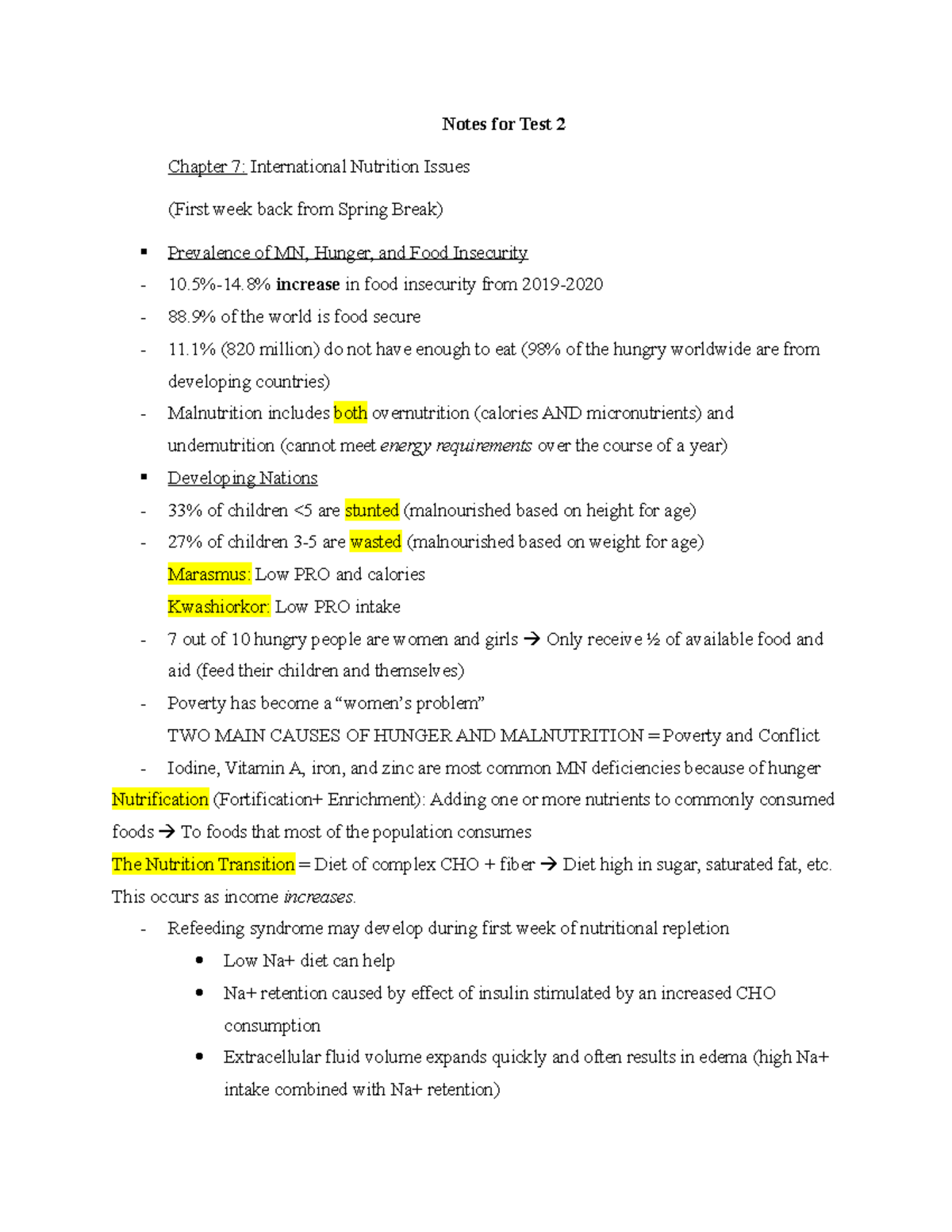 Notes for Test 2 - 5%-14% increase in food insecurity from 2019- 88% of ...