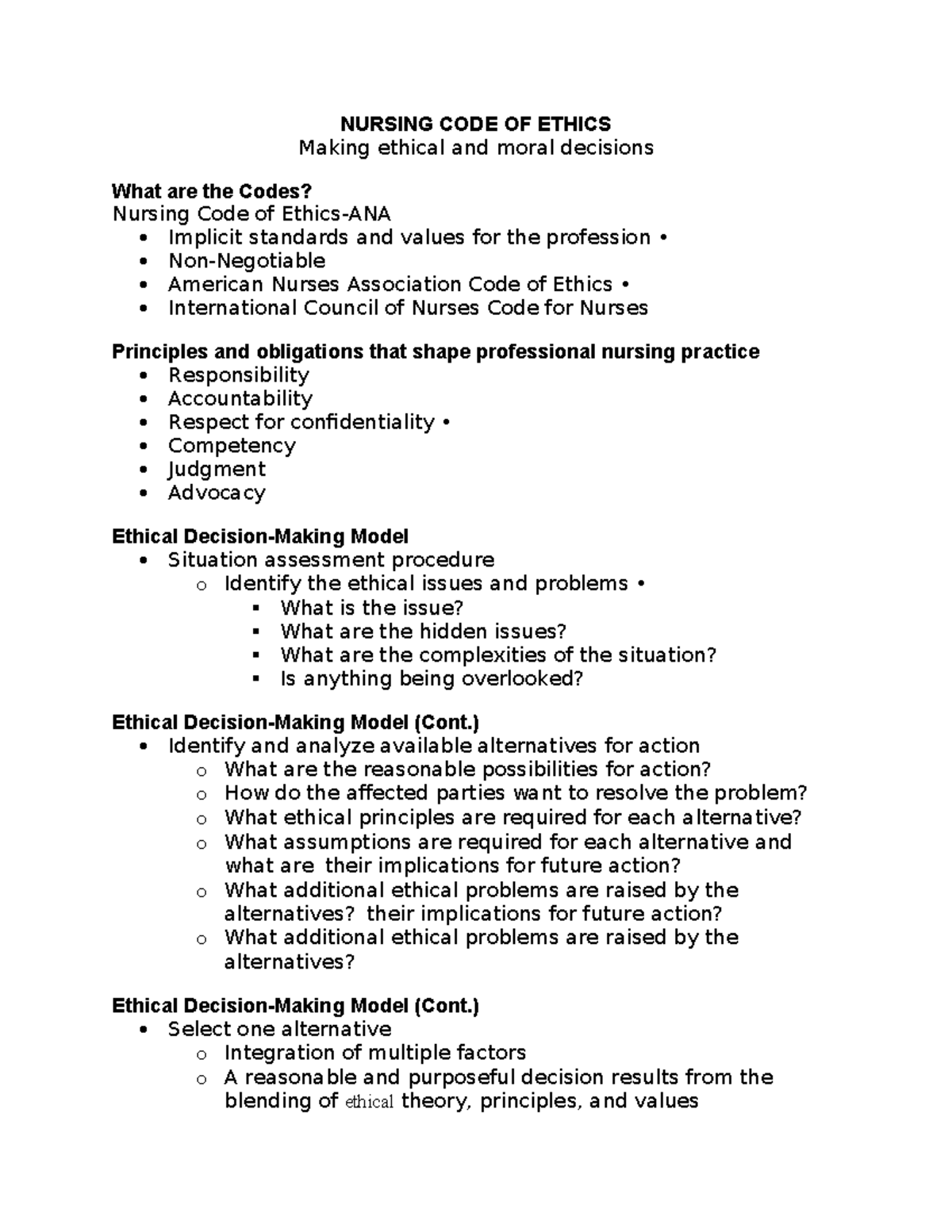 Nursing code of ethics study guide - NURSING CODE OF ETHICS Making ...