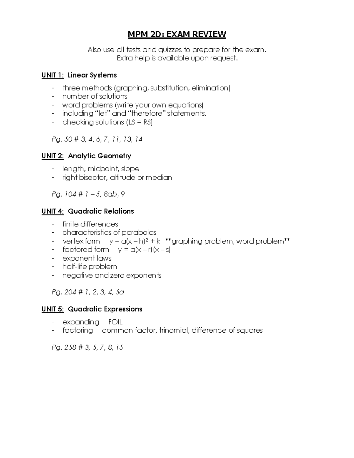 Exam Review Sheet - MPM 2D: EXAM REVIEW Also use all tests and quizzes ...