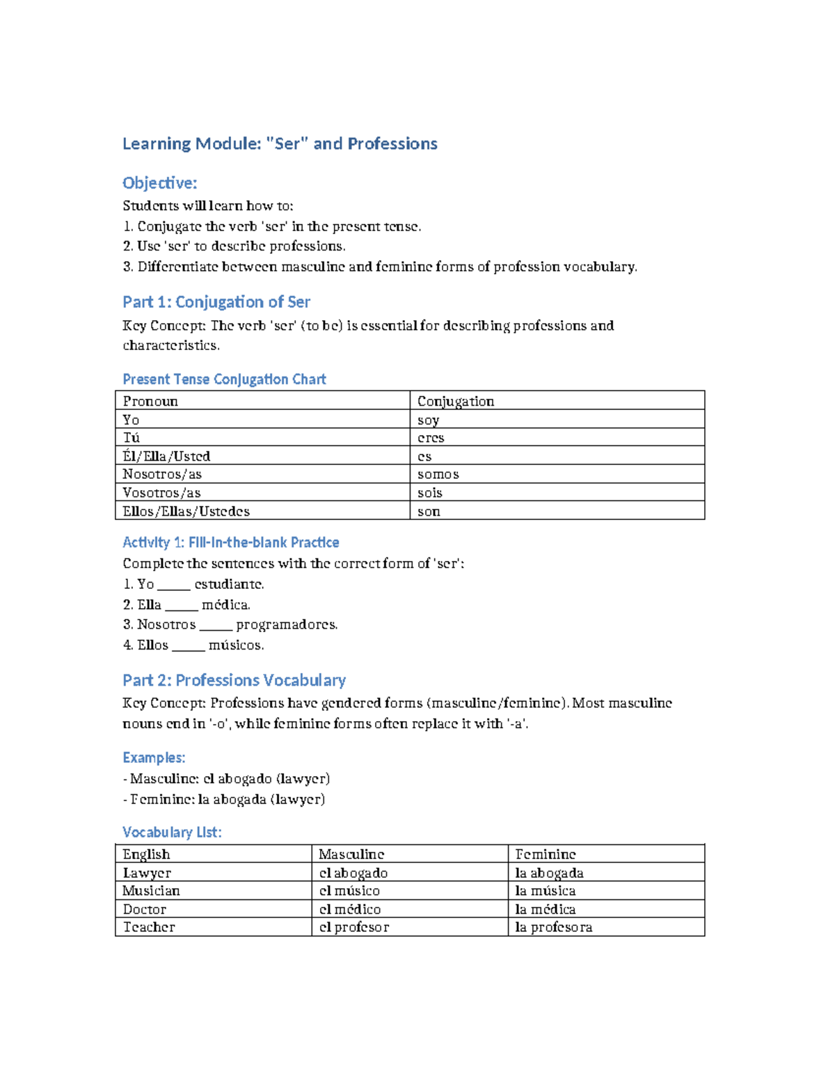 Learning Module Ser and Professions - Learning Module: "Ser" and ...