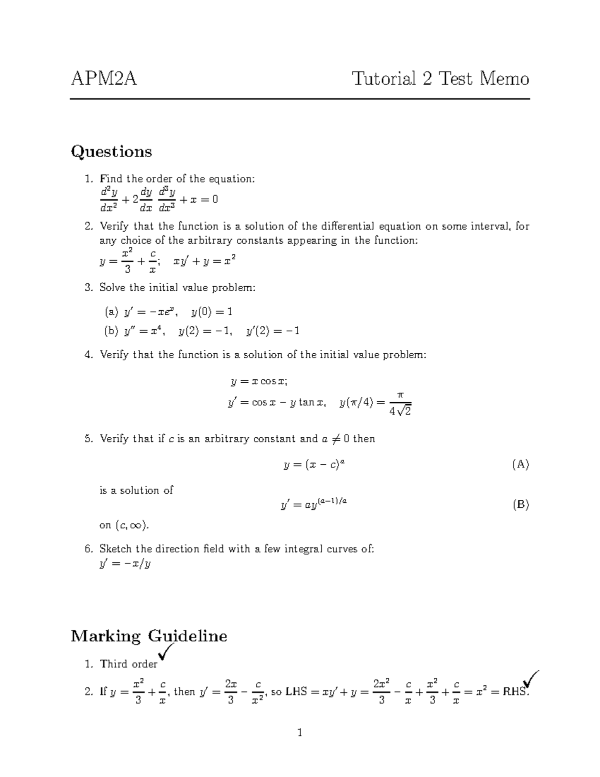Tut Test 2 Memo Tut Test 2 Memo Apm2a Tutorial 2 Test Memo Questions 1 Find The Order Of