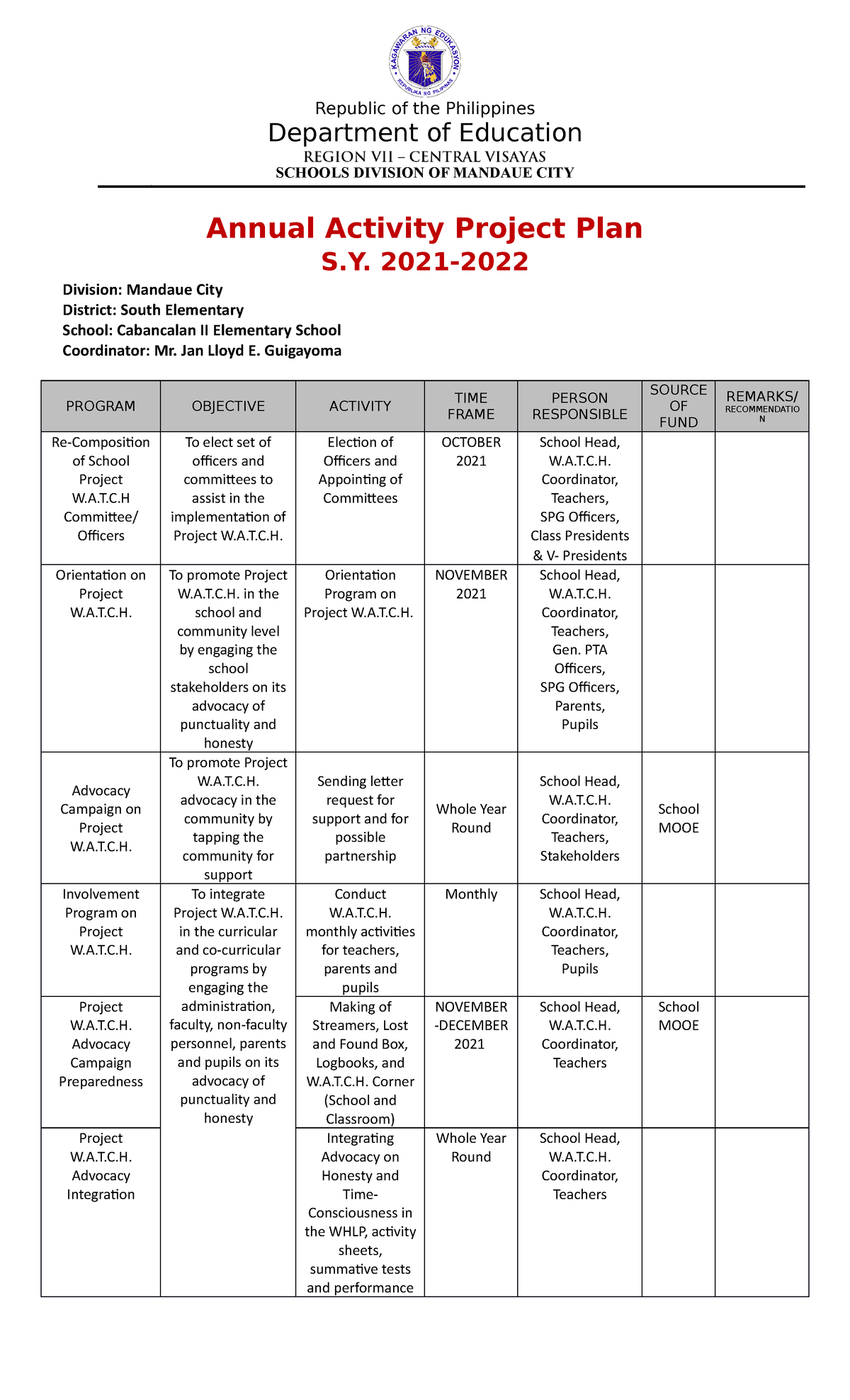 Watch Annual Activity PLAN - Republic of the Philippines Department of ...