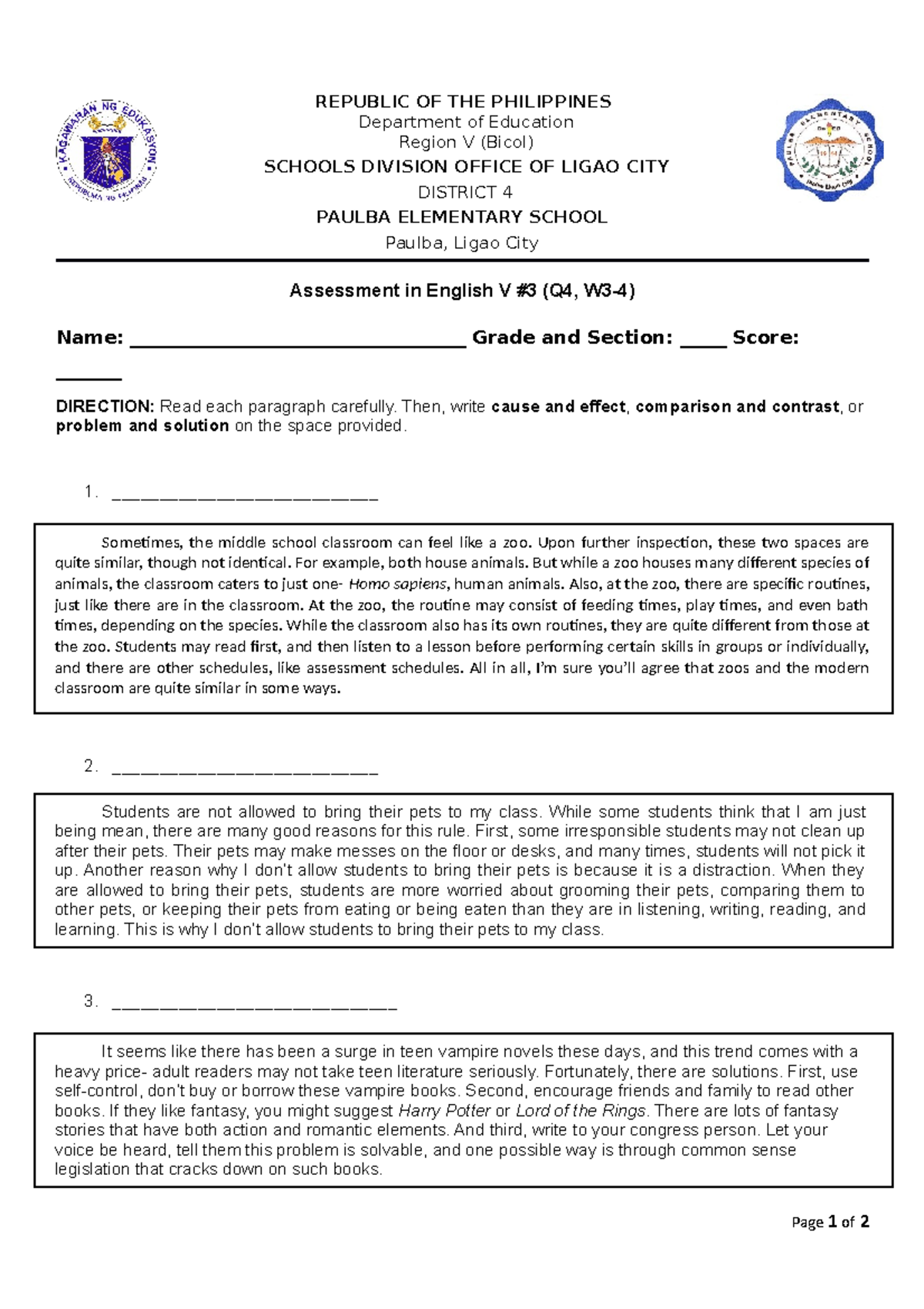 W3 - assessment in English - REPUBLIC OF THE PHILIPPINES Department of ...