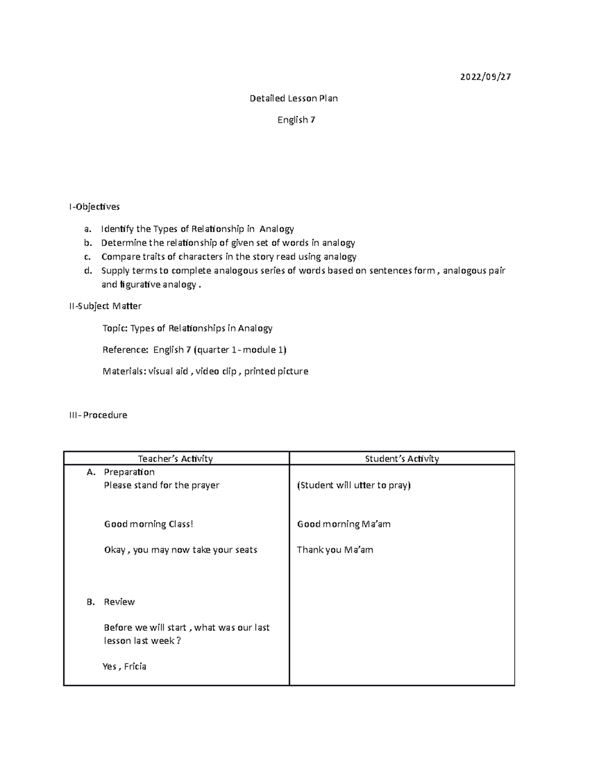 Shane tuesday 27-9-22 - Notes. - 2022/09/ Detailed Lesson Plan English ...