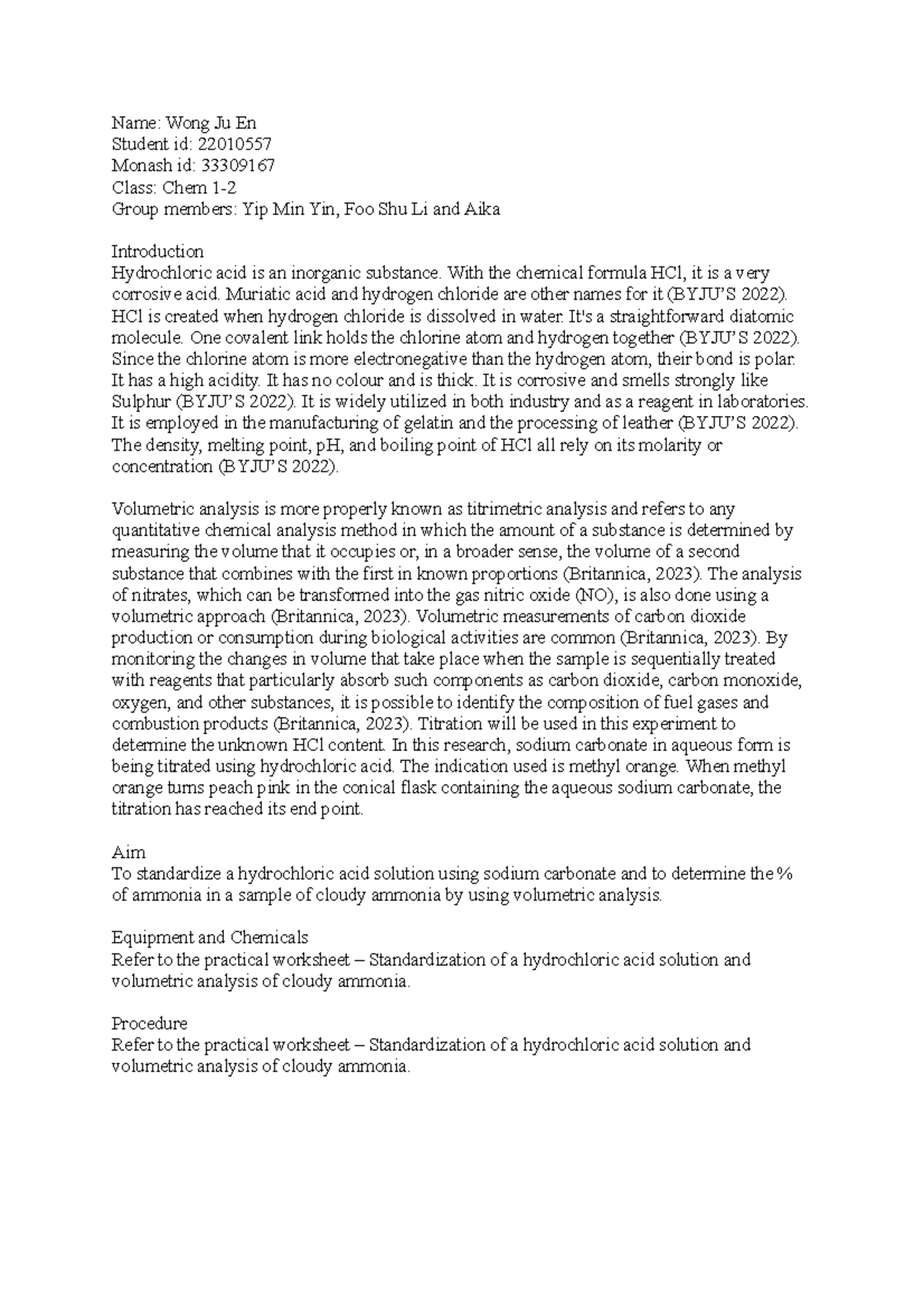 Chem lab report 1 - Name: Wong Ju En Student id: 22010557 Monash id ...