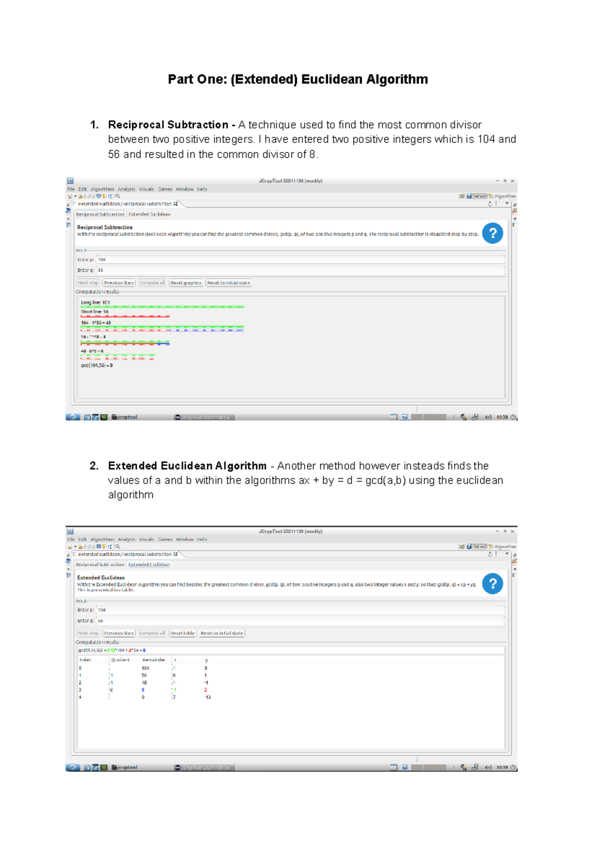 Cryptography Lab 1 - Part One: (Extended) Euclidean Algorithm Reciprocal Subtraction - A ...