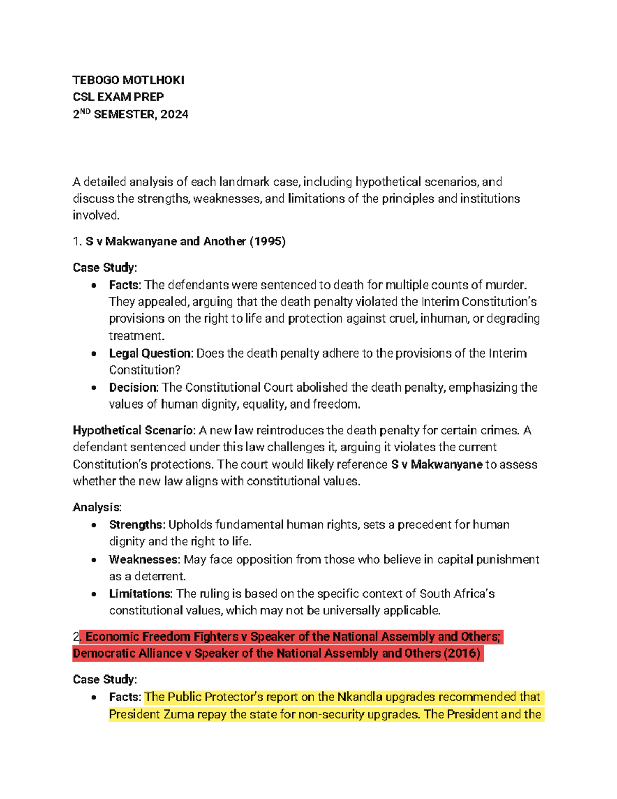 A detailed analysis of each landmark case - S v Makwanyane and Another ...