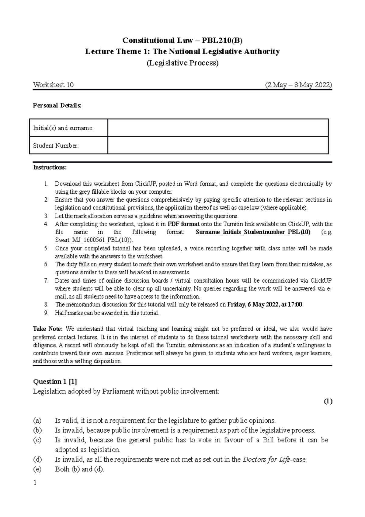 Worksheet 10 - Click UP - Constitutional Law – PBL210(B) Lecture Theme ...