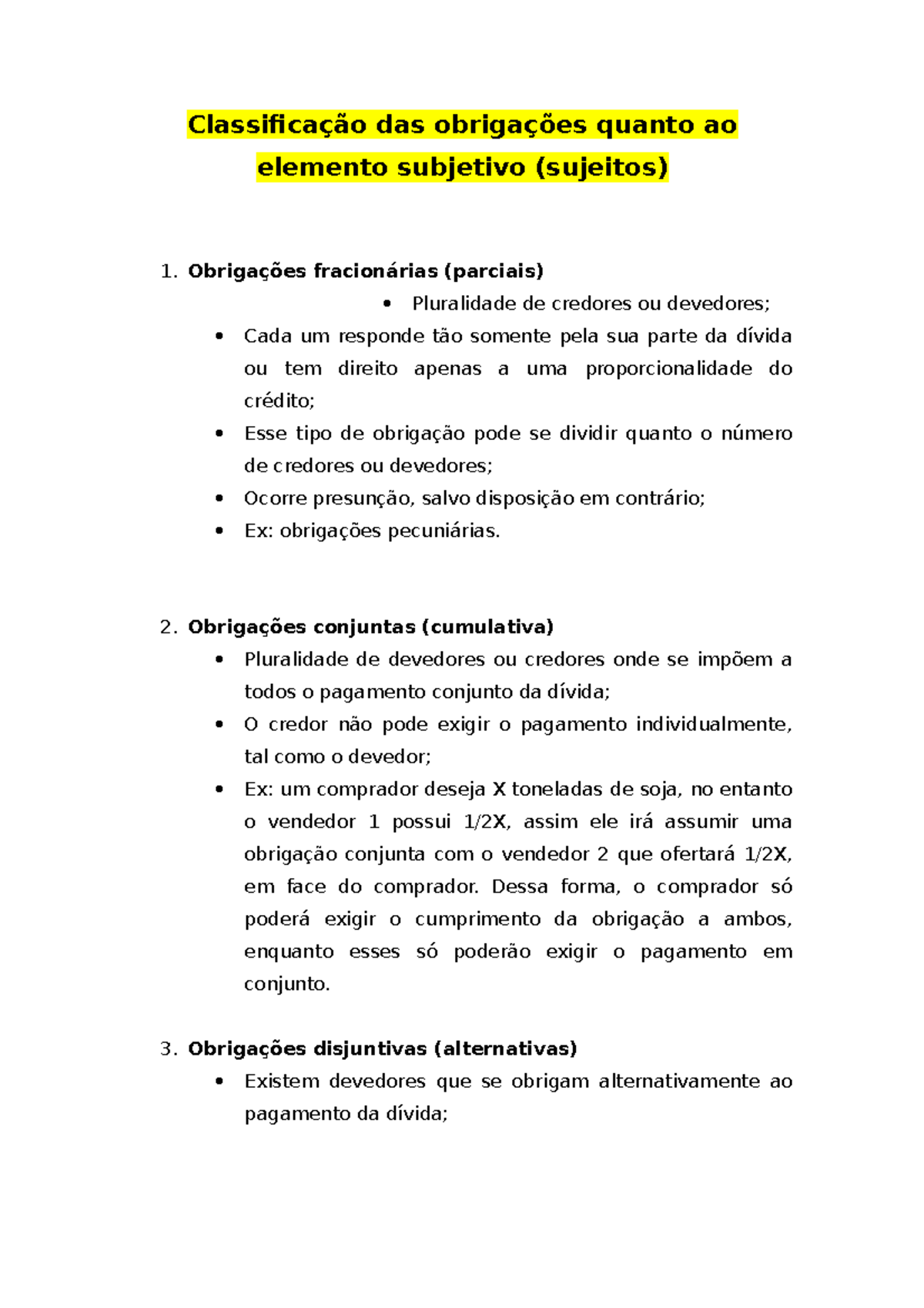Classificação das obrigações quanto ao elemento subjetivo- resumo ...