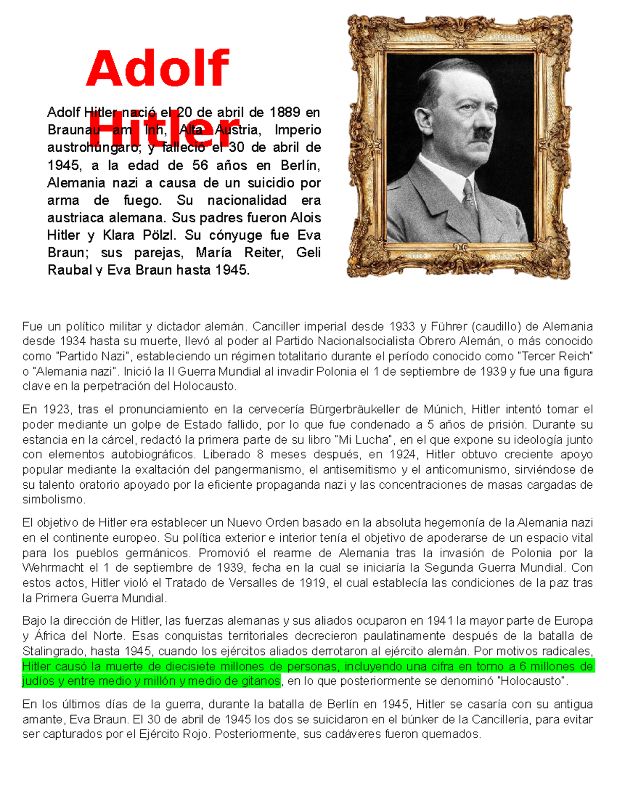 Adolf Hitler - BIOGRAFIA - Adolf Hitler Adolf Hitler nació el 20 de ...
