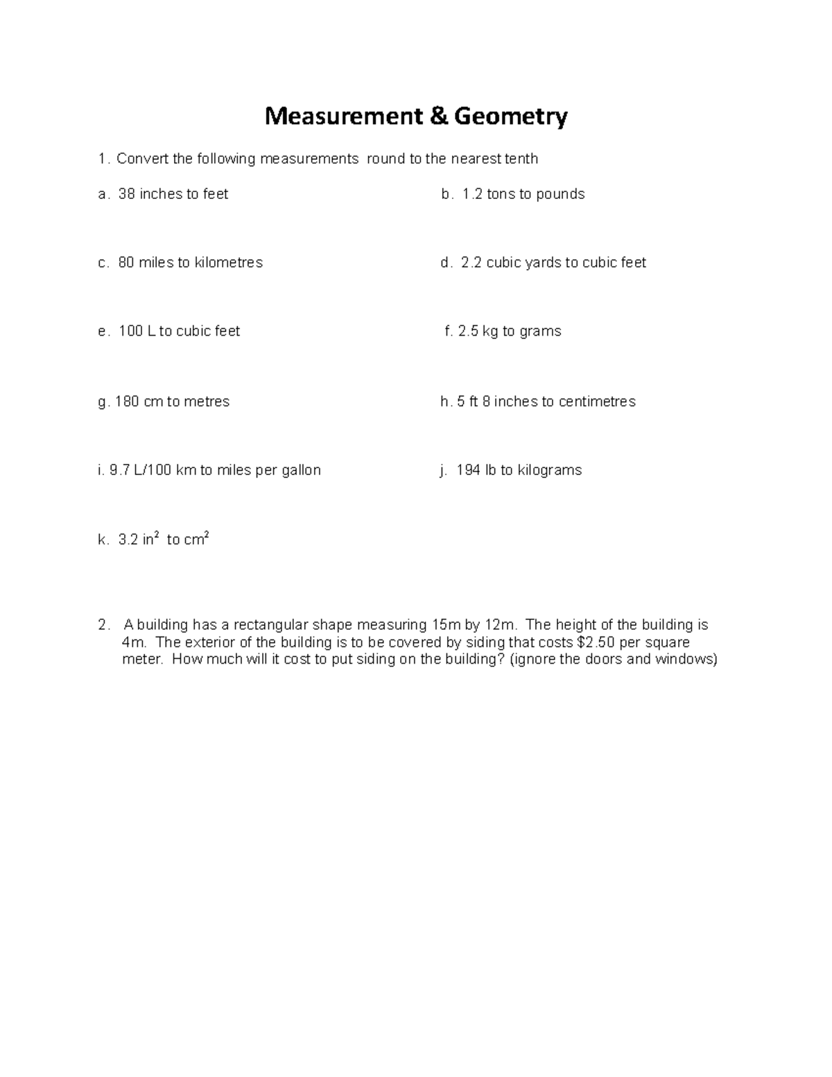 Measurement geometry exam review practice - Measurement & Geometry ...