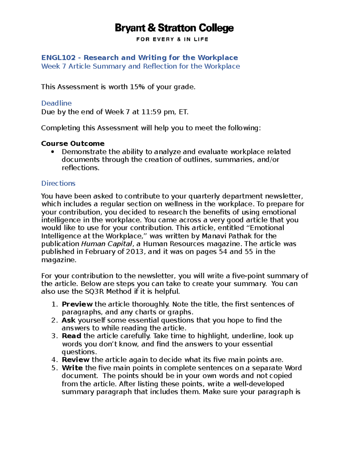 ENGL102 - Week 7 Article Summary and Reflection for the Workplace ...