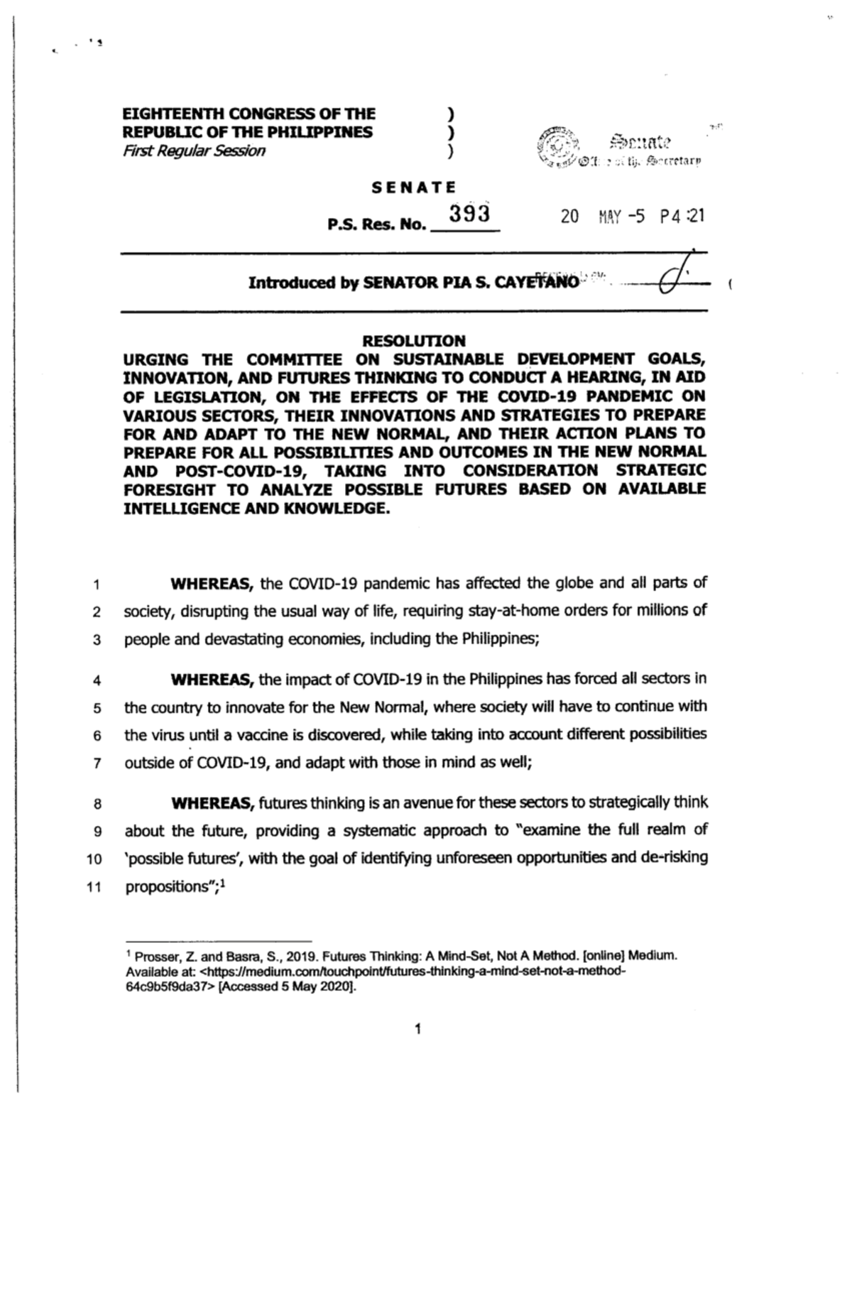 SRN 393 - Senate Resolution No. 393 - 1 2 3 4 5 6 7 EIGHTEENTH CONGRESS ...