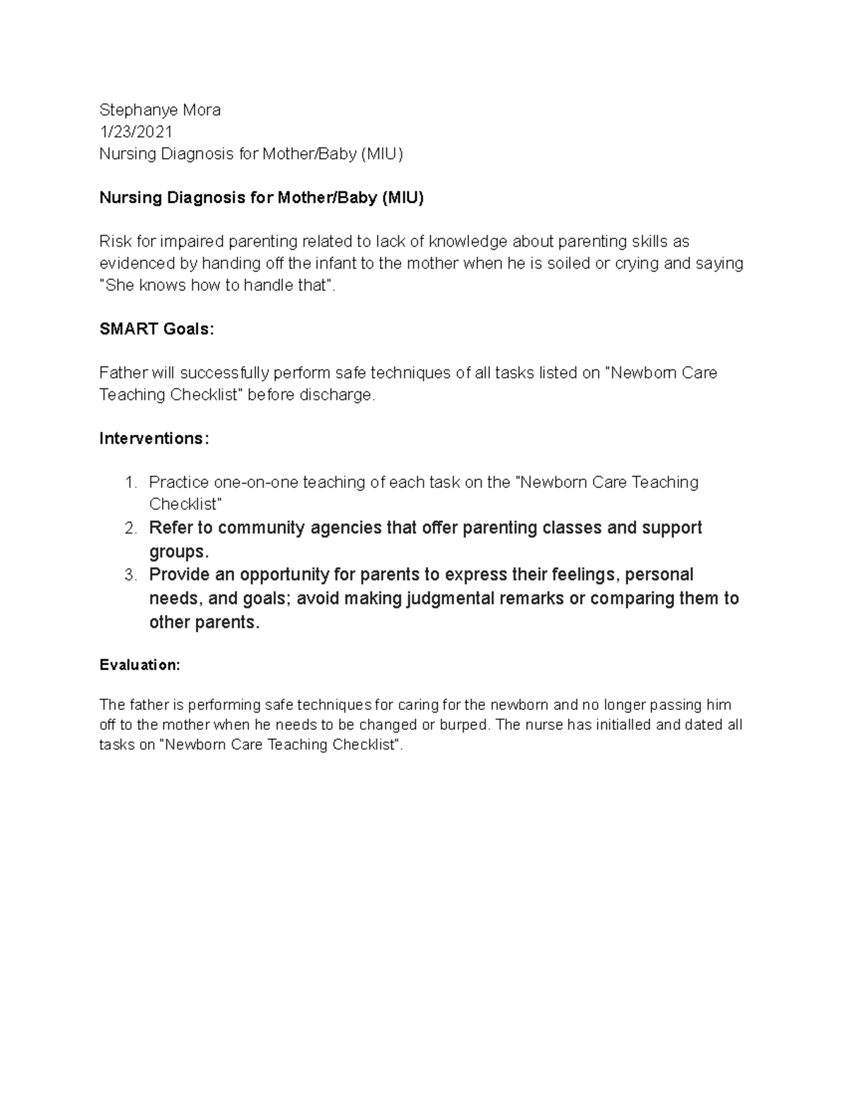 Nursing Diagnosis for MIU - Stephanye Mora 1/23/ Nursing Diagnosis for ...