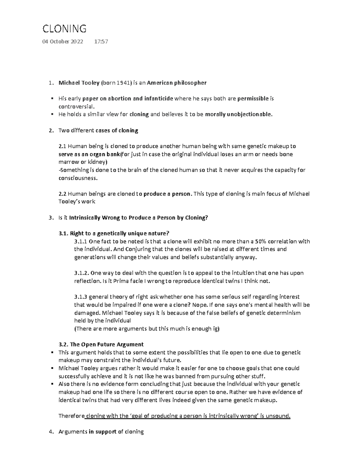 Cloning - notes - Michael Tooley (born 1941) is an American philosopher ...