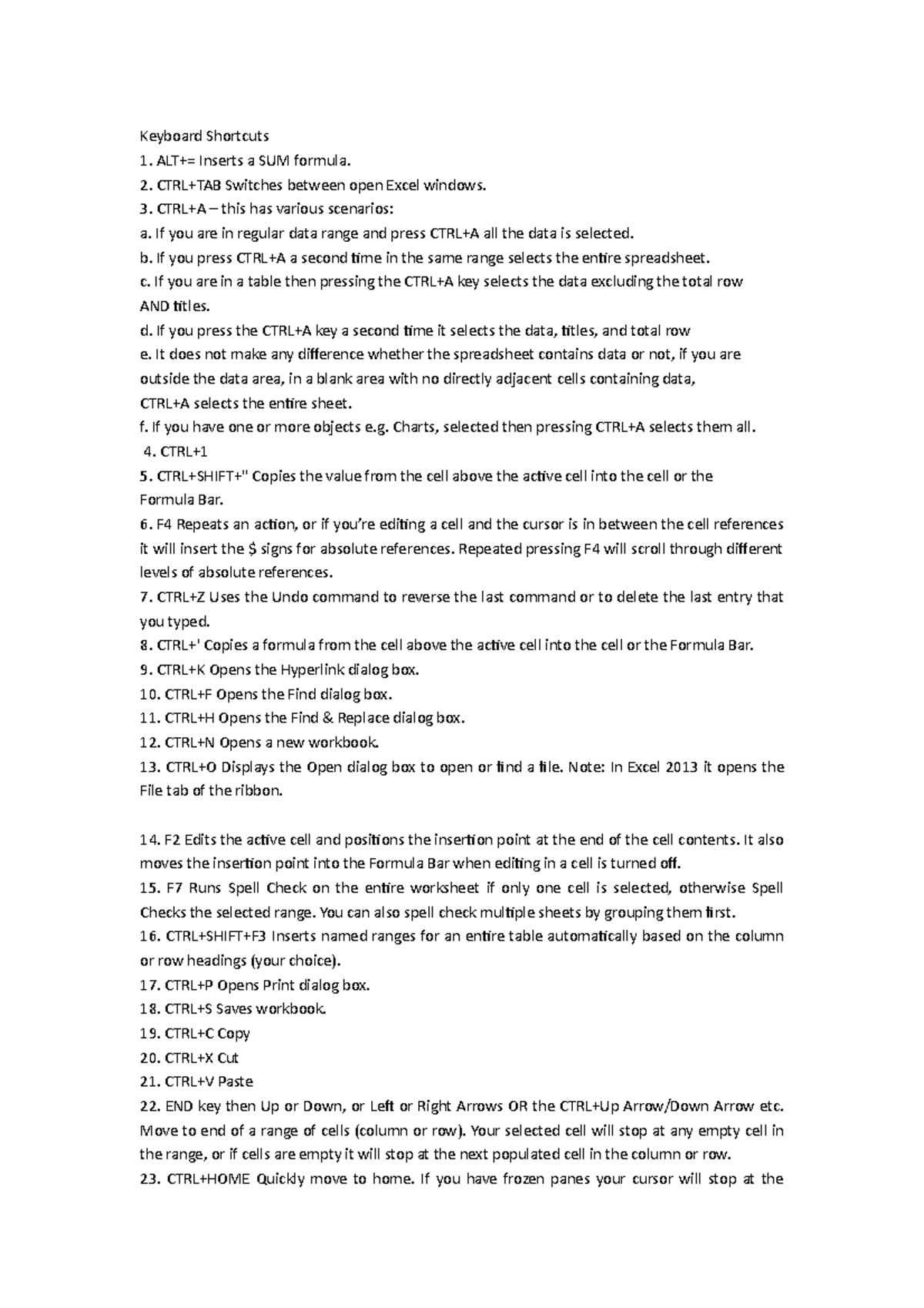 Keyboard Shortc Keyboard Shortcuts Alt Inserts A Sum Formula Ctrltab Switches Between Open