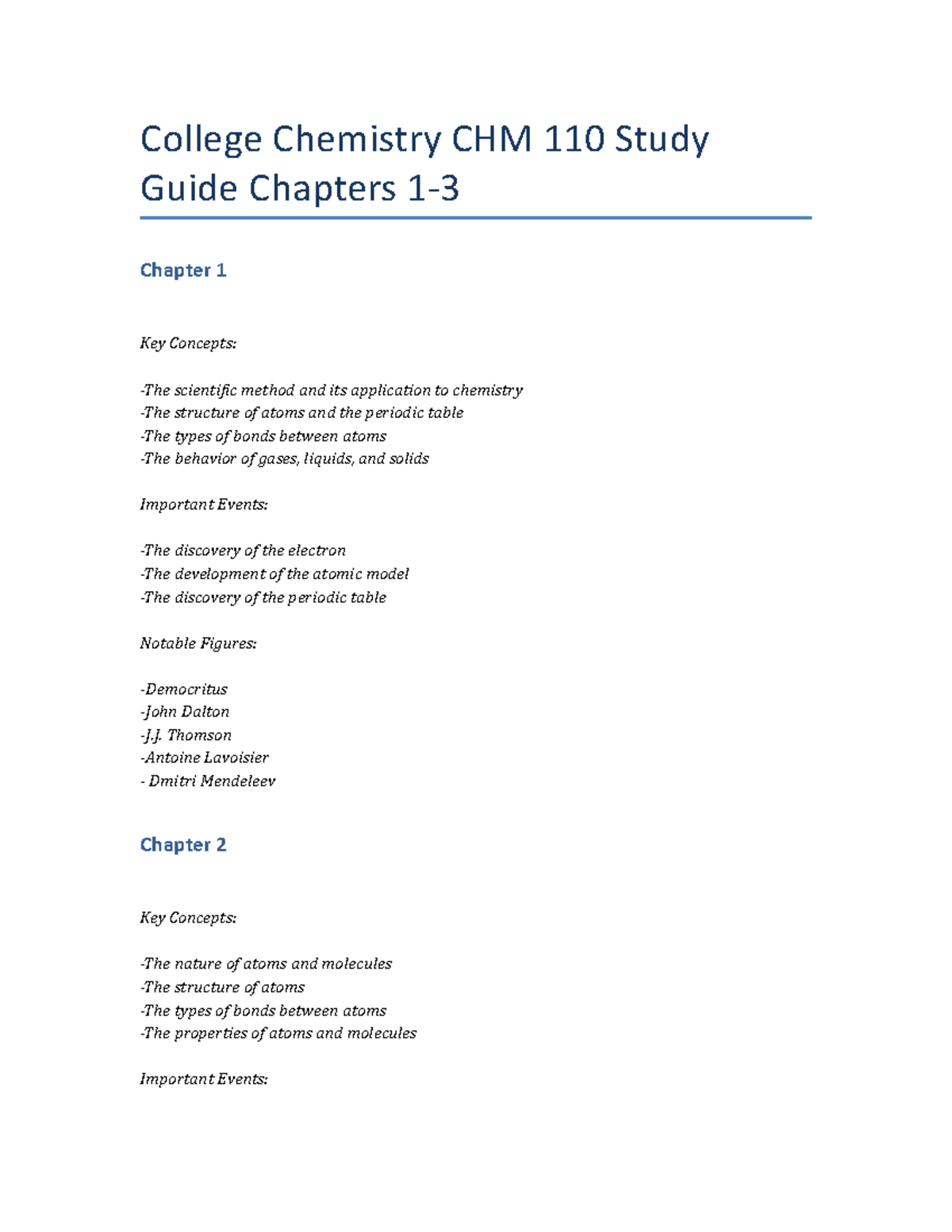 College Chemistry CHM 110 Study Guide Chapters 1-3 - College Chemistry ...