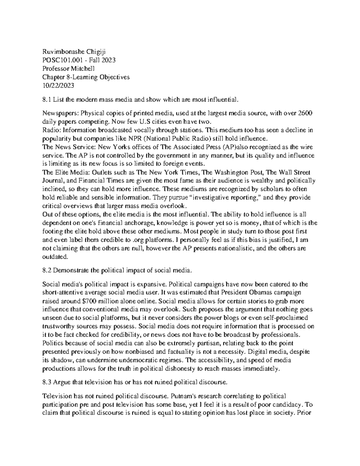 Chapter 8 Learning Objectives - Ruvimbonashe Chigiji POSC101 - Fall 2023 Professor Mitchell ...