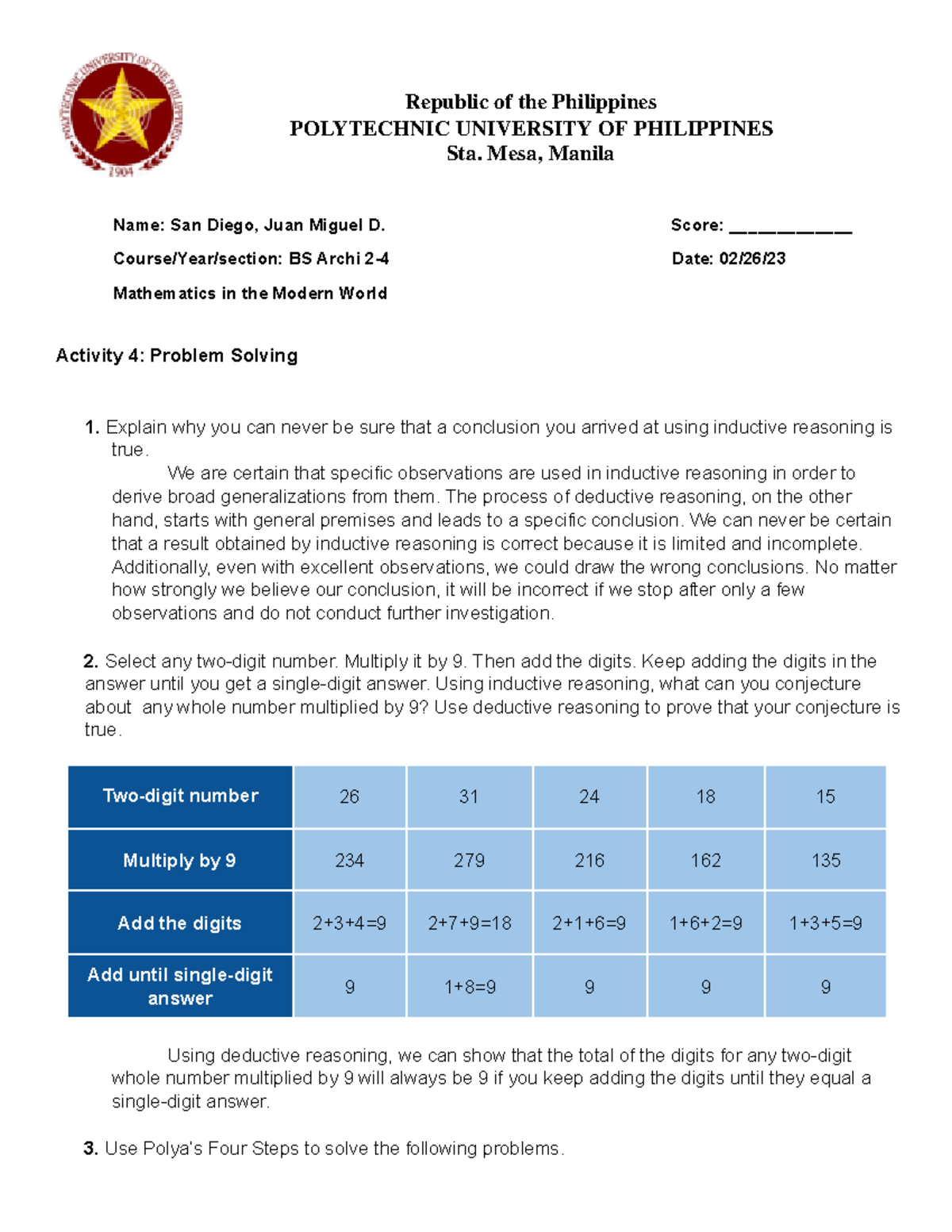 MMW Activity 4- Problem Solving - Republic of the Philippines POLYTECHNIC UNIVERSITY OF ...