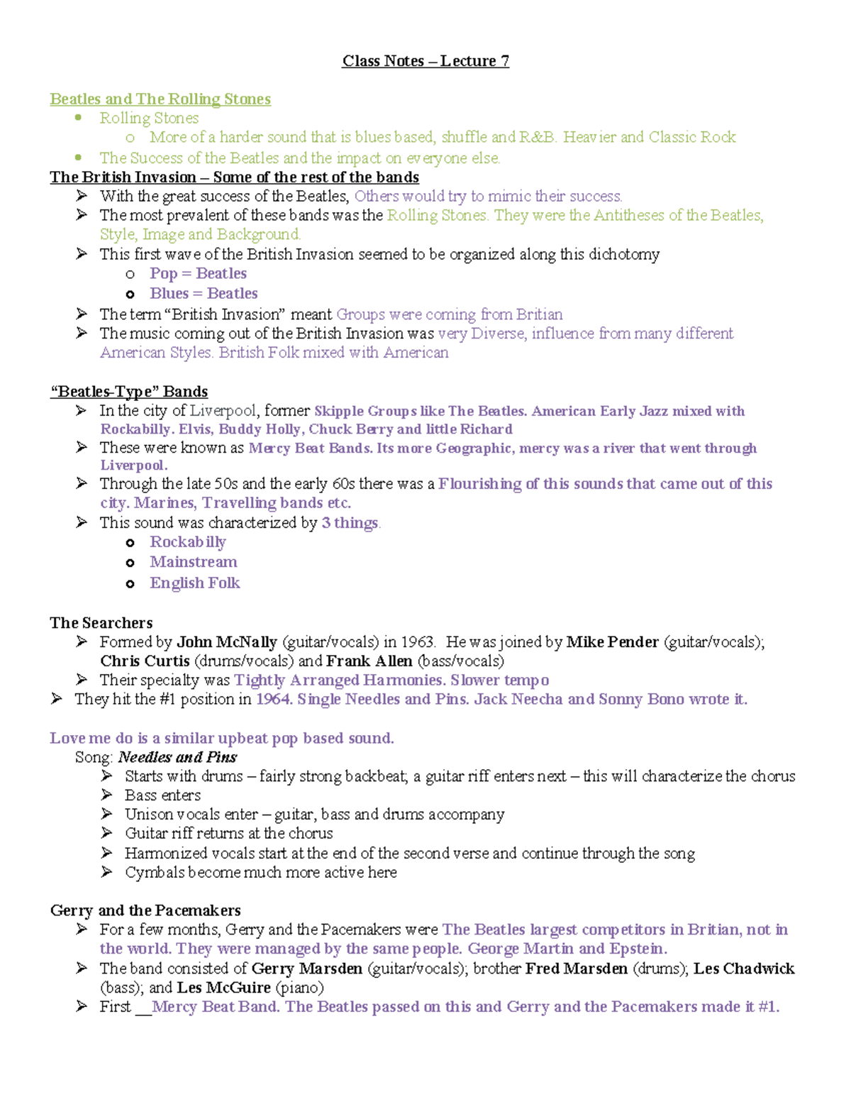 Class Notes - 7 - Prep for Exam 3 - Class Notes – Lecture 7 Beatles and ...