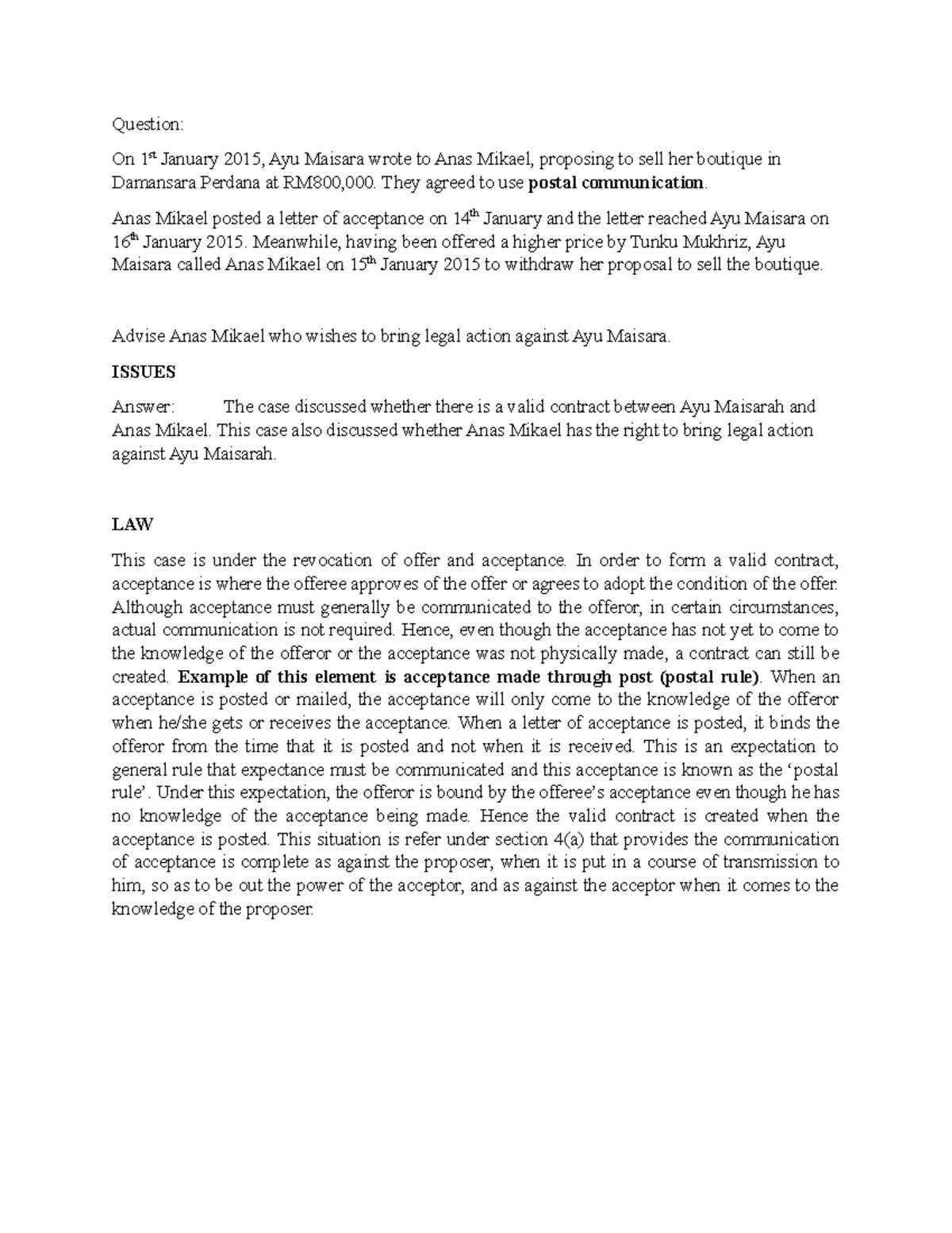 Answer LAW Tutorial - law240 - Question: On 1st January 2015, Ayu ...