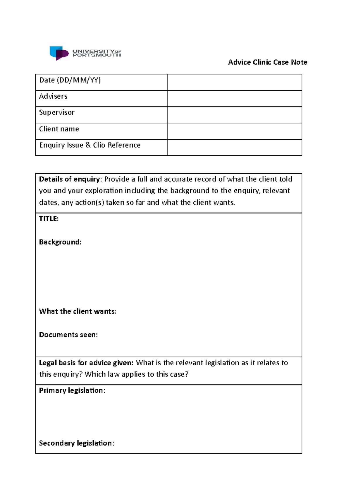 Blank Case Note 2022 - Good - Advice Clinic Case Note Date (DD/MM/YY ...