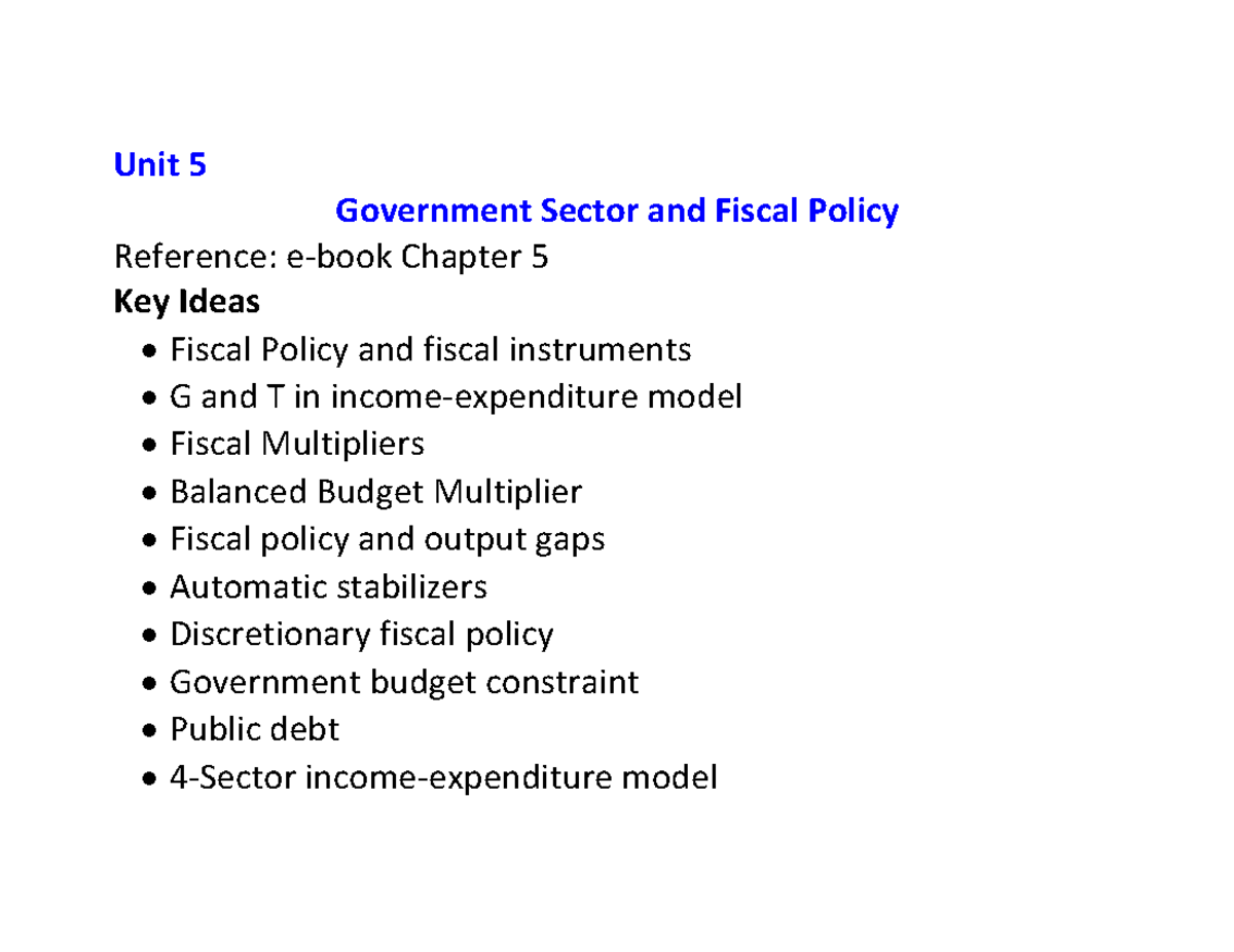 Unit 5 summaries - Lecture notes 5 - Unit 5 Government Sector and ...