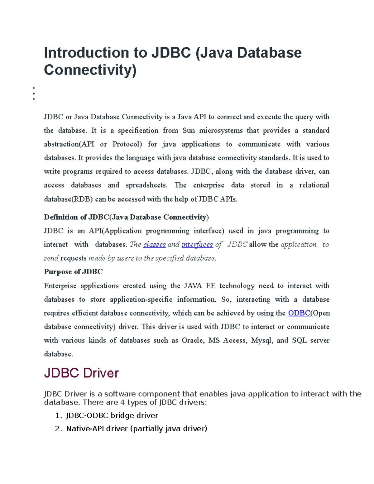 AJP UNIT 2 - ESA - Introduction to JDBC (Java Database Connectivity) JDBC or Java Database - Studocu