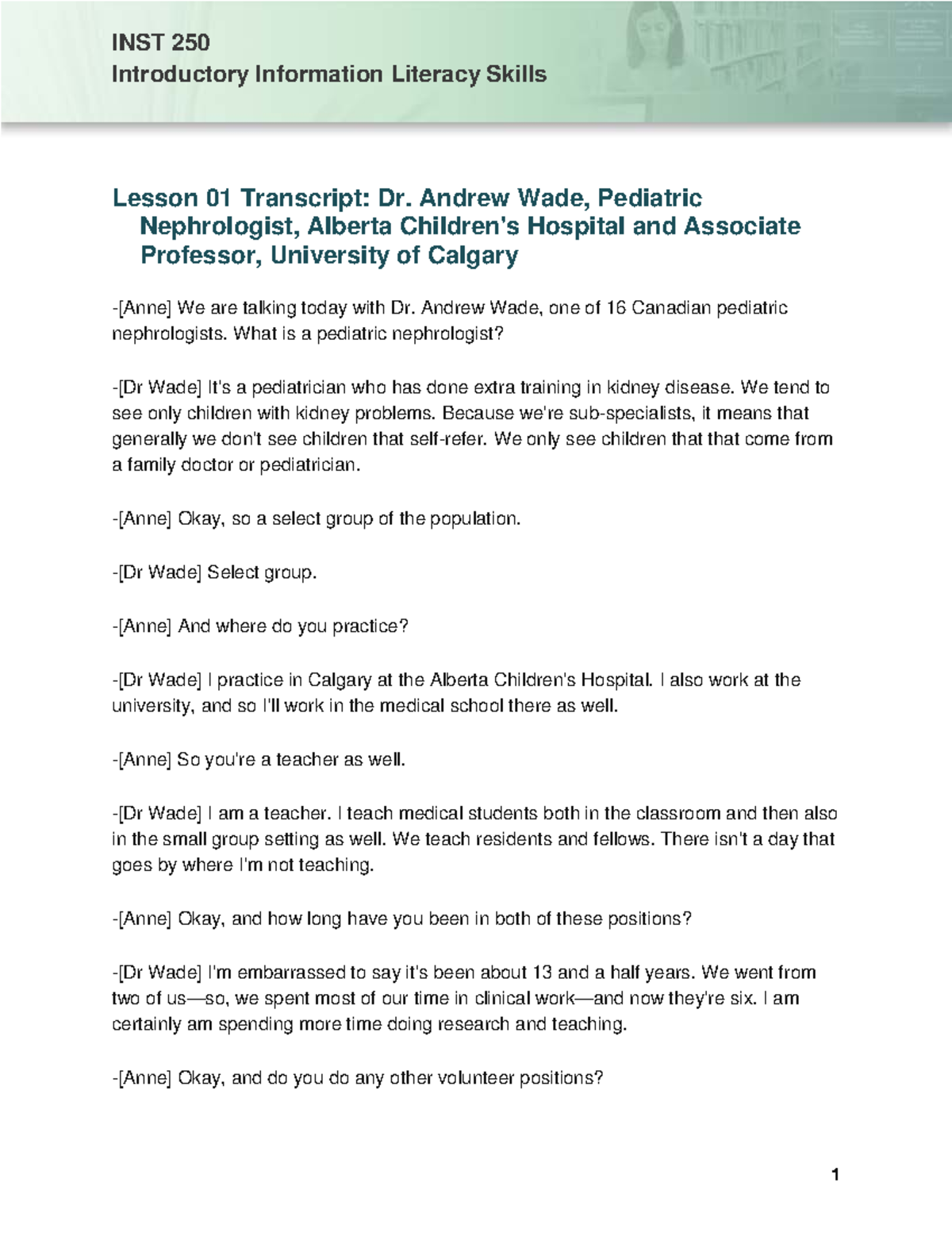 01 [transcript] - Dr. Andrew Wade - INST 250 Introductory Information ...