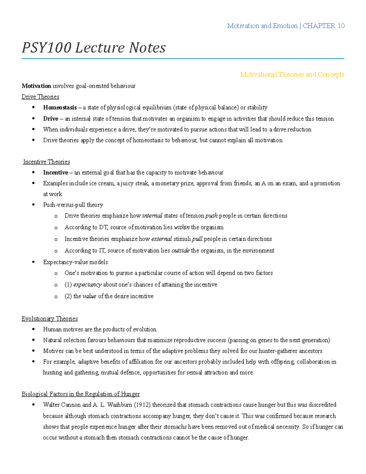 Lecture 10- Motivation and Emotion - PSY100 Lecture Notes Motivational ...