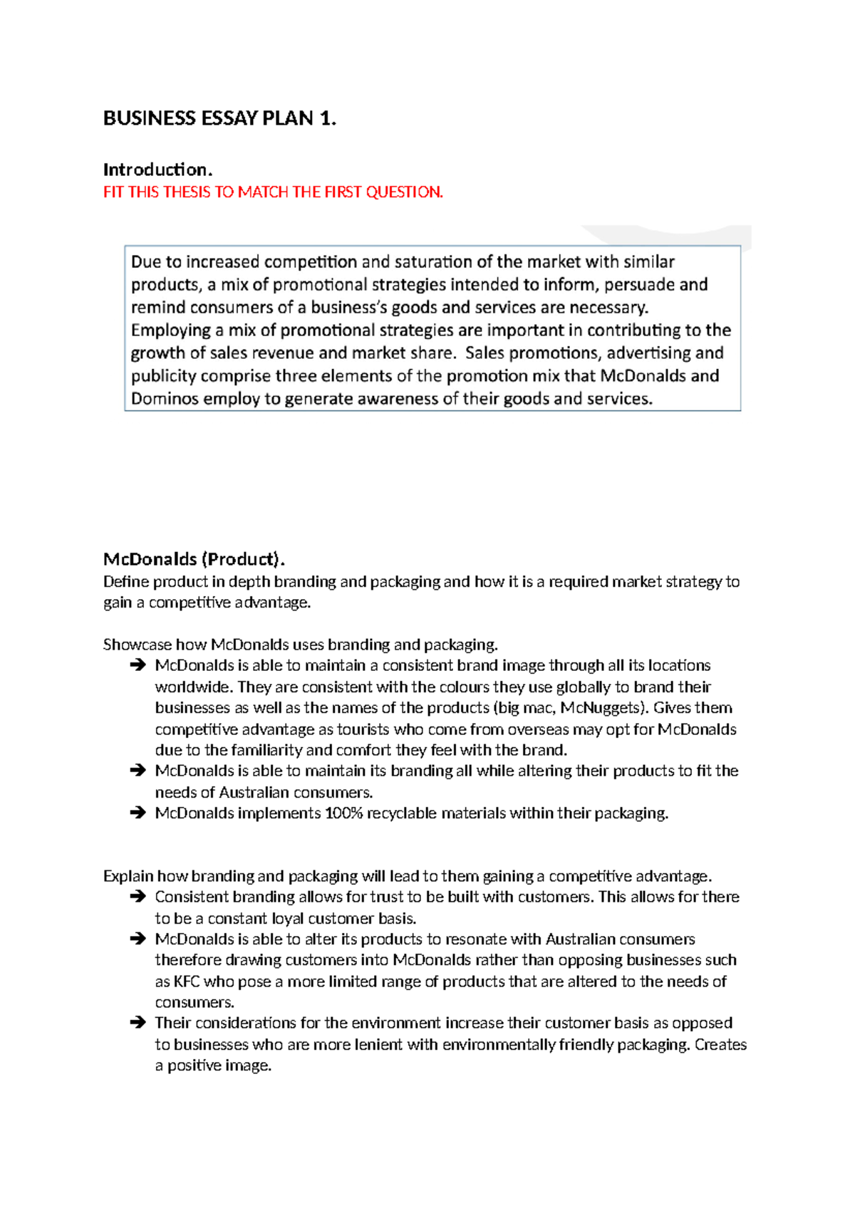 Business Essay PLAN 1 - BUSINESS ESSAY PLAN 1. Introduction. FIT THIS ...