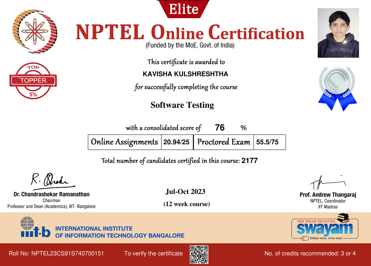 Software Testing ( Iiitb) - Bachleor of Technology - Roll No: To verify ...