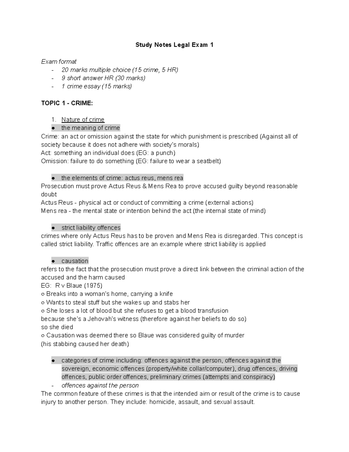 Legal study notes - crime human rights - Study Notes Legal Exam 1 Exam ...