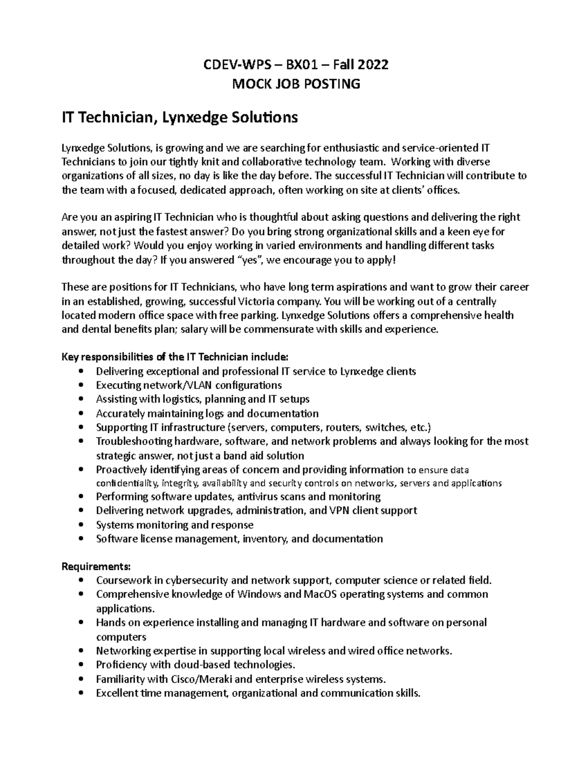 CNST mock Job posting - IT Technician - CDEV-WPS – BX01 – Fall 2022 ...