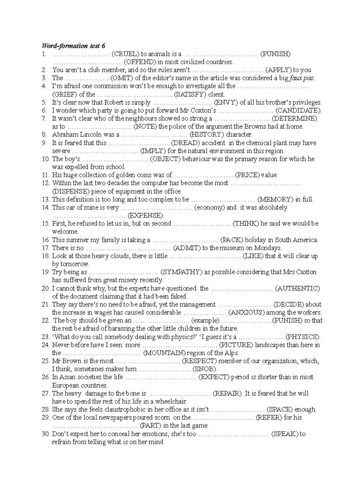 Word formation test 6 - Materiały do ćwiczeń morfologii z języka ...